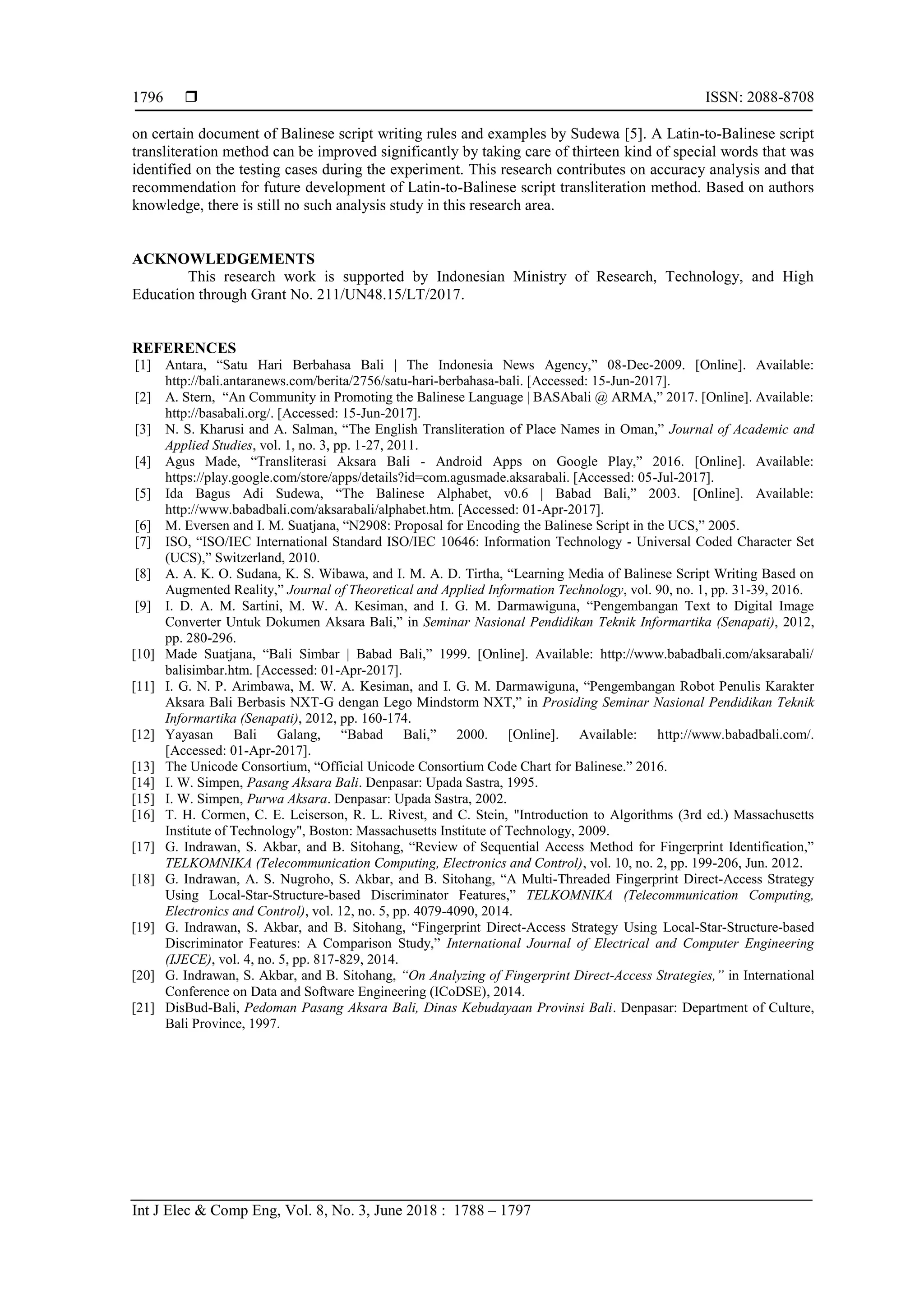 Accuracy Analysis of Latin-to-Balinese Script Transliteration Method | PDF