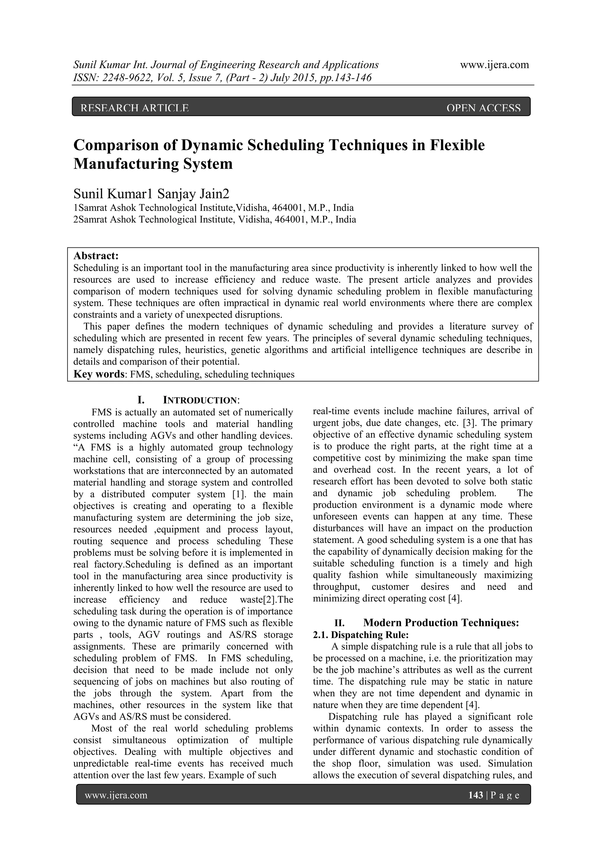 Comparison of Dynamic Scheduling Techniques in Flexible Manufacturing System | PDF