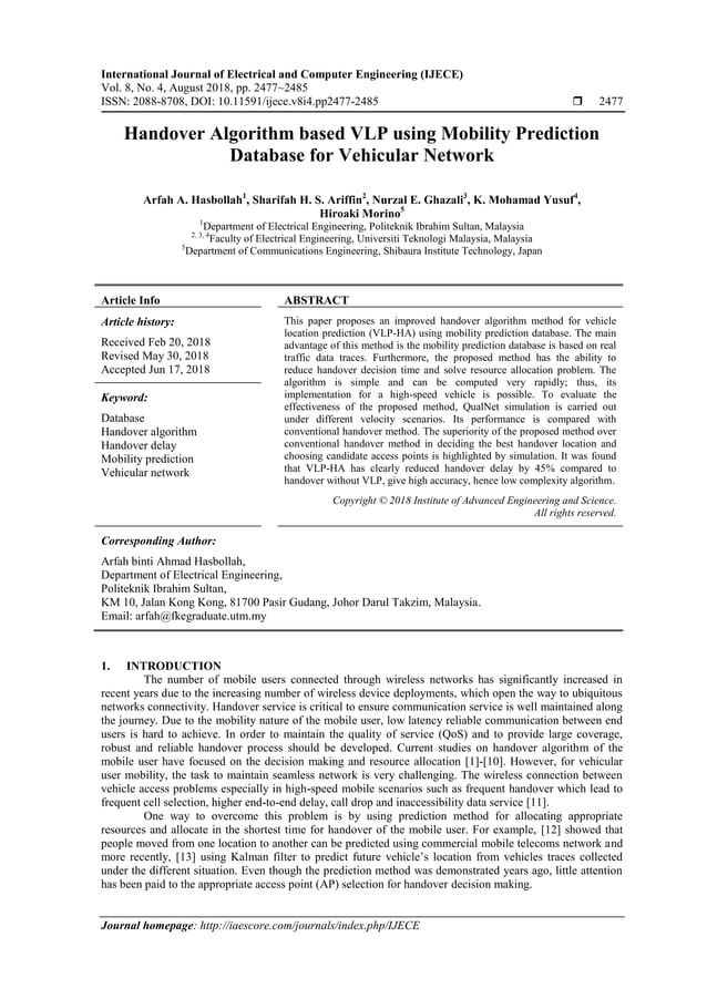 Handover Algorithm based VLP using Mobility Prediction Database for Vehicular Network | PDF ...
