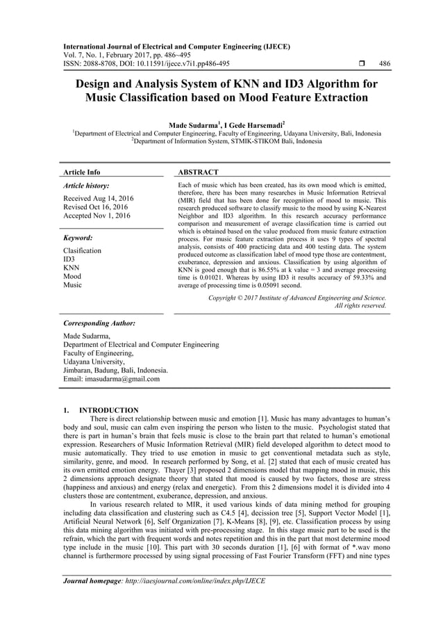 Design And Analysis System Of Knn And Id3 Algorithm For Music Classification Based On Mood