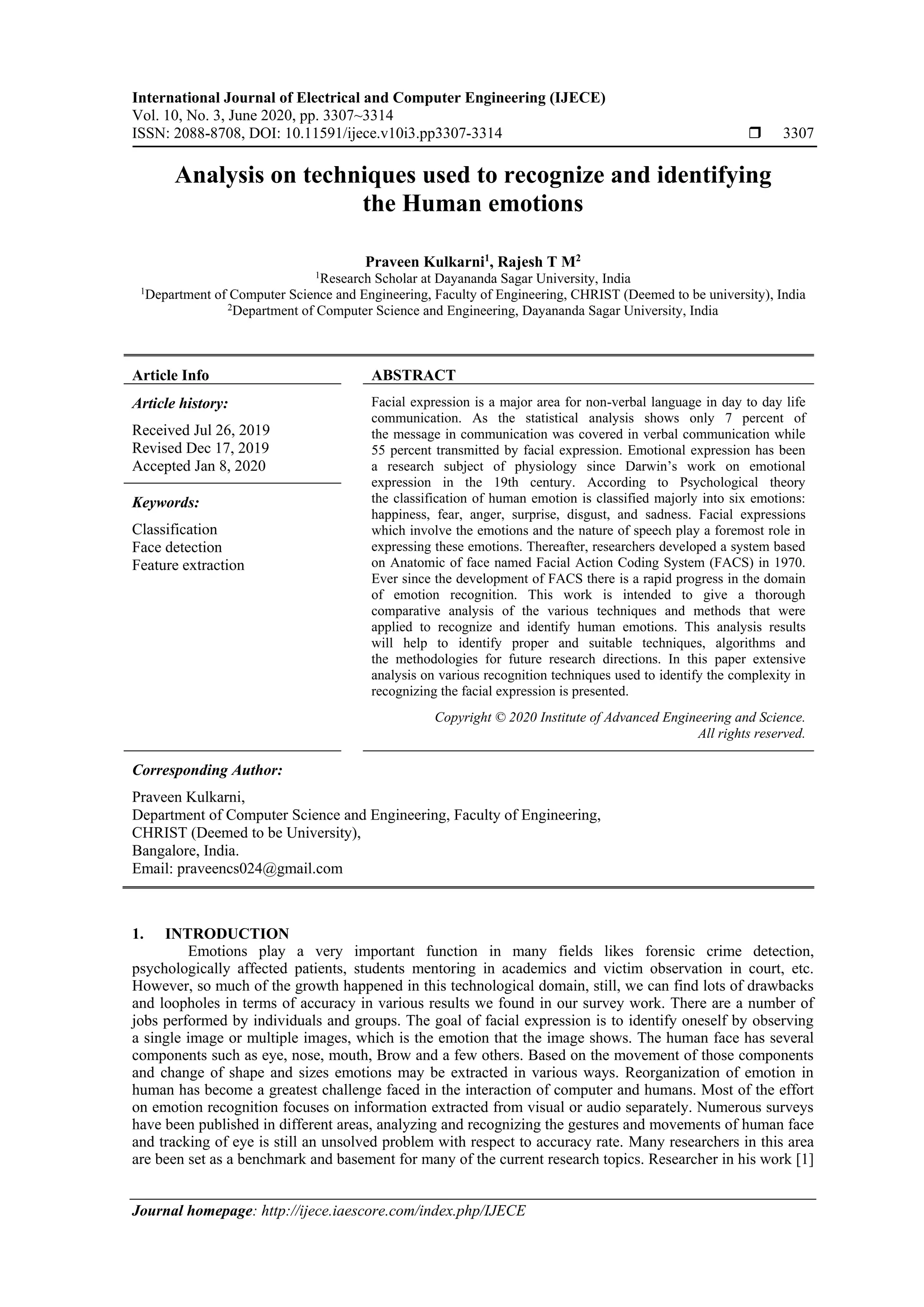 Analysis on techniques used to recognize and identifying the Human emotions | PDF