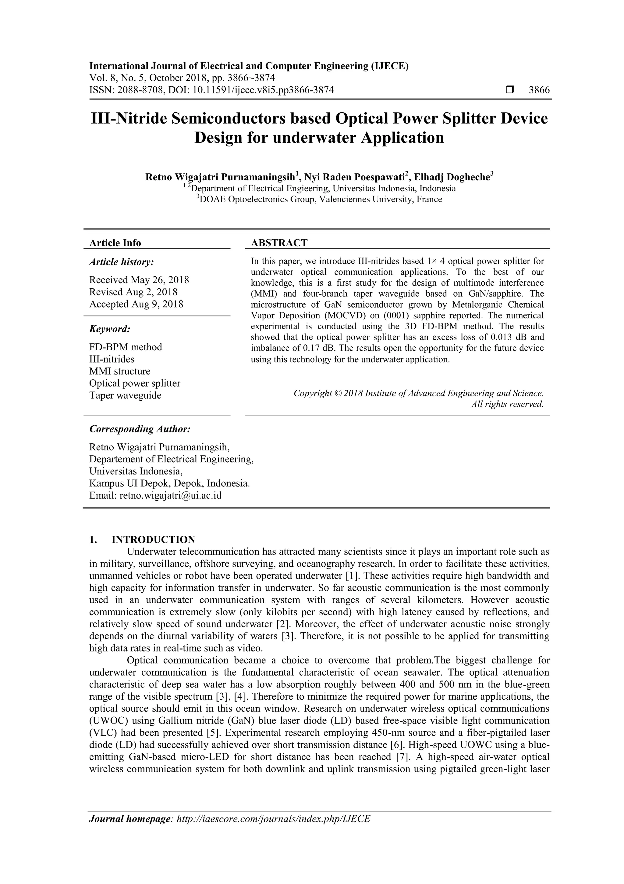 III-Nitride Semiconductors based Optical Power Splitter Device Design for underwater Application ...