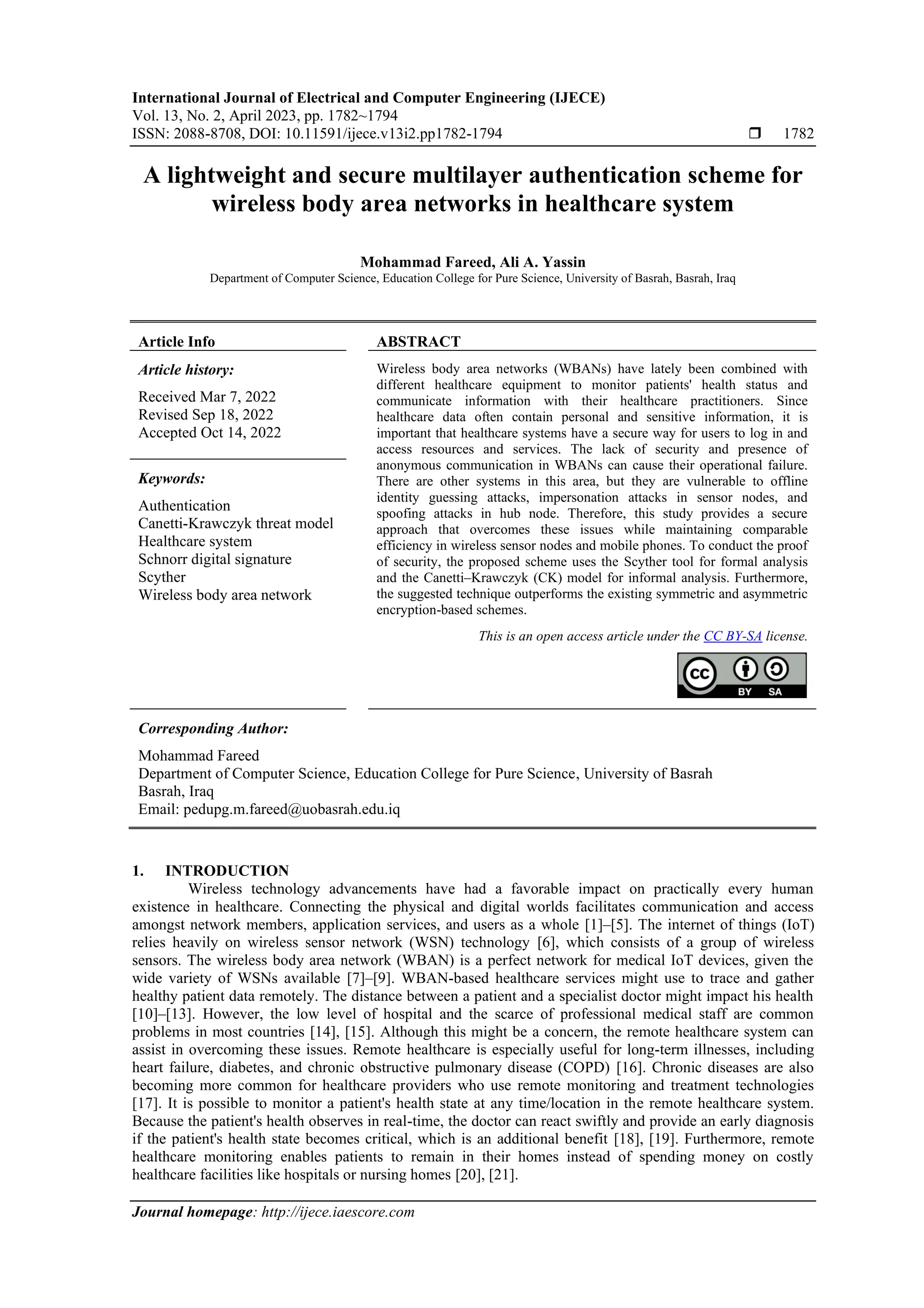 A Lightweight And Secure Multilayer Authentication Scheme For Wireless Body Area Networks In