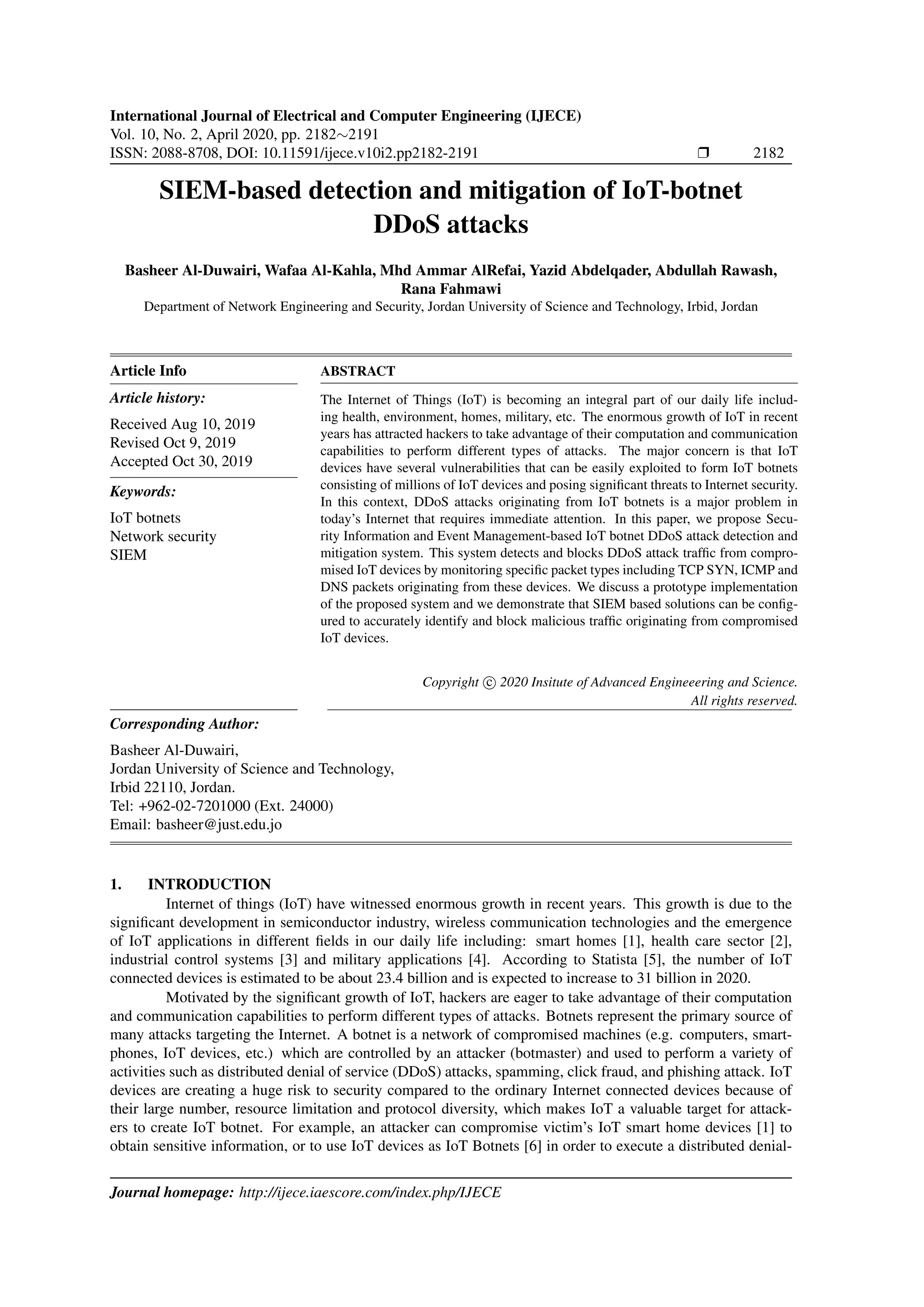 Siem Based Detection And Mitigation Of Iot Botnet Ddos Attacks Pdf