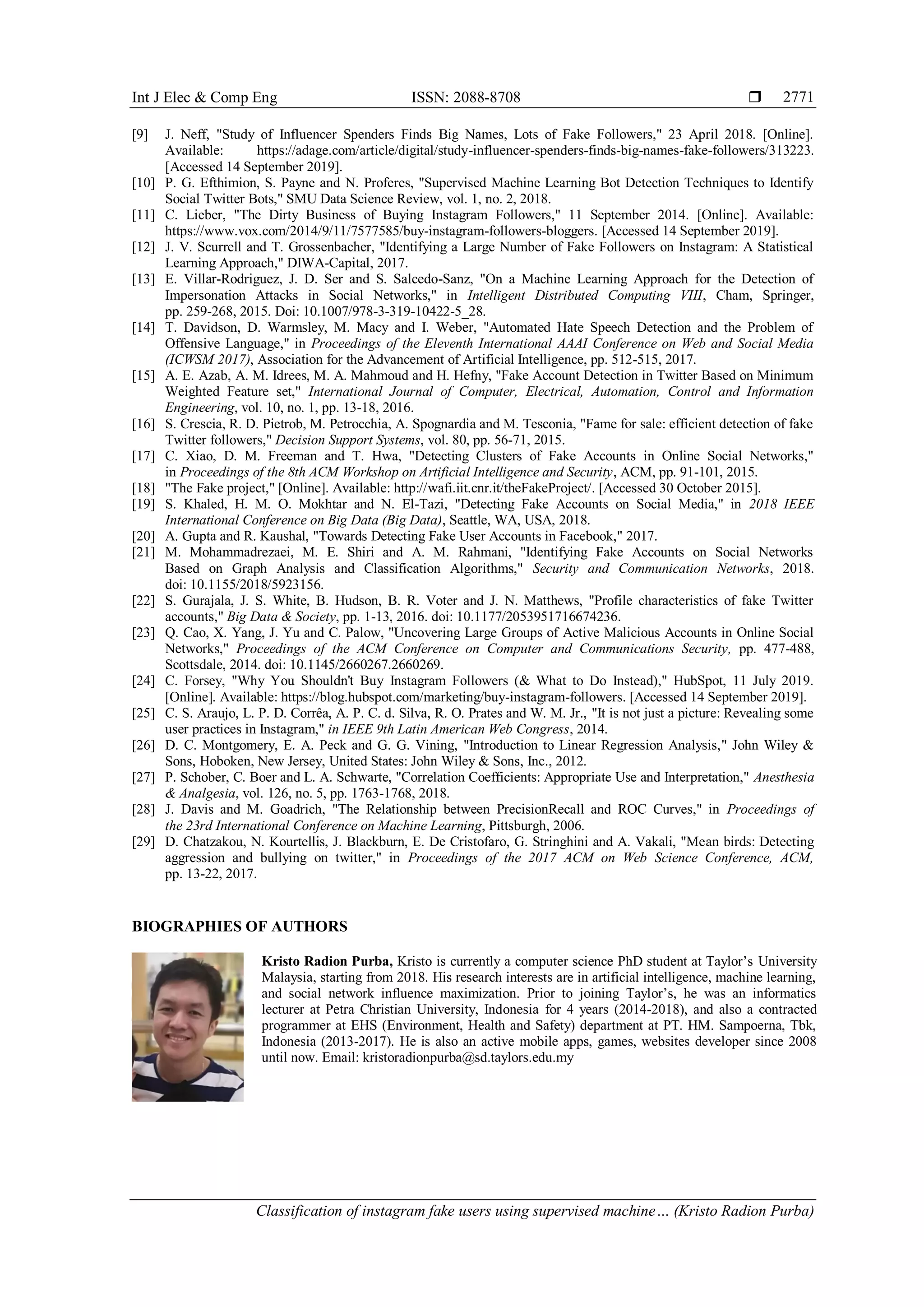 Classification of instagram fake users using supervised machine learning algorithms | PDF