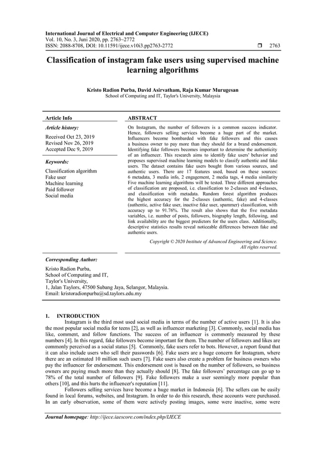 Classification of instagram fake users using supervised machine learning algorithms | PDF
