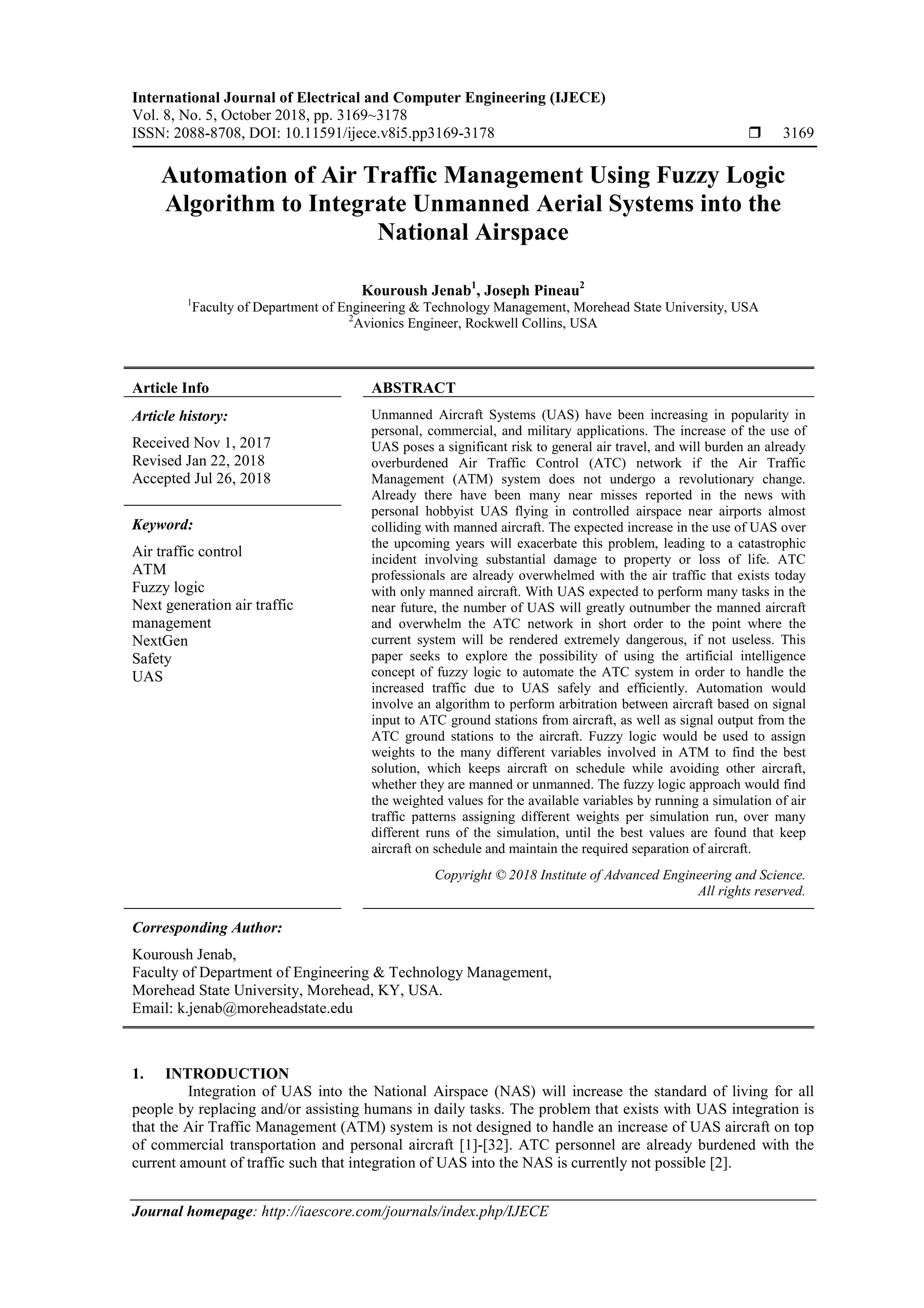 Automation of Air Traffic Management Using Fuzzy Logic Algorithm to Integrate Unmanned Aerial ...