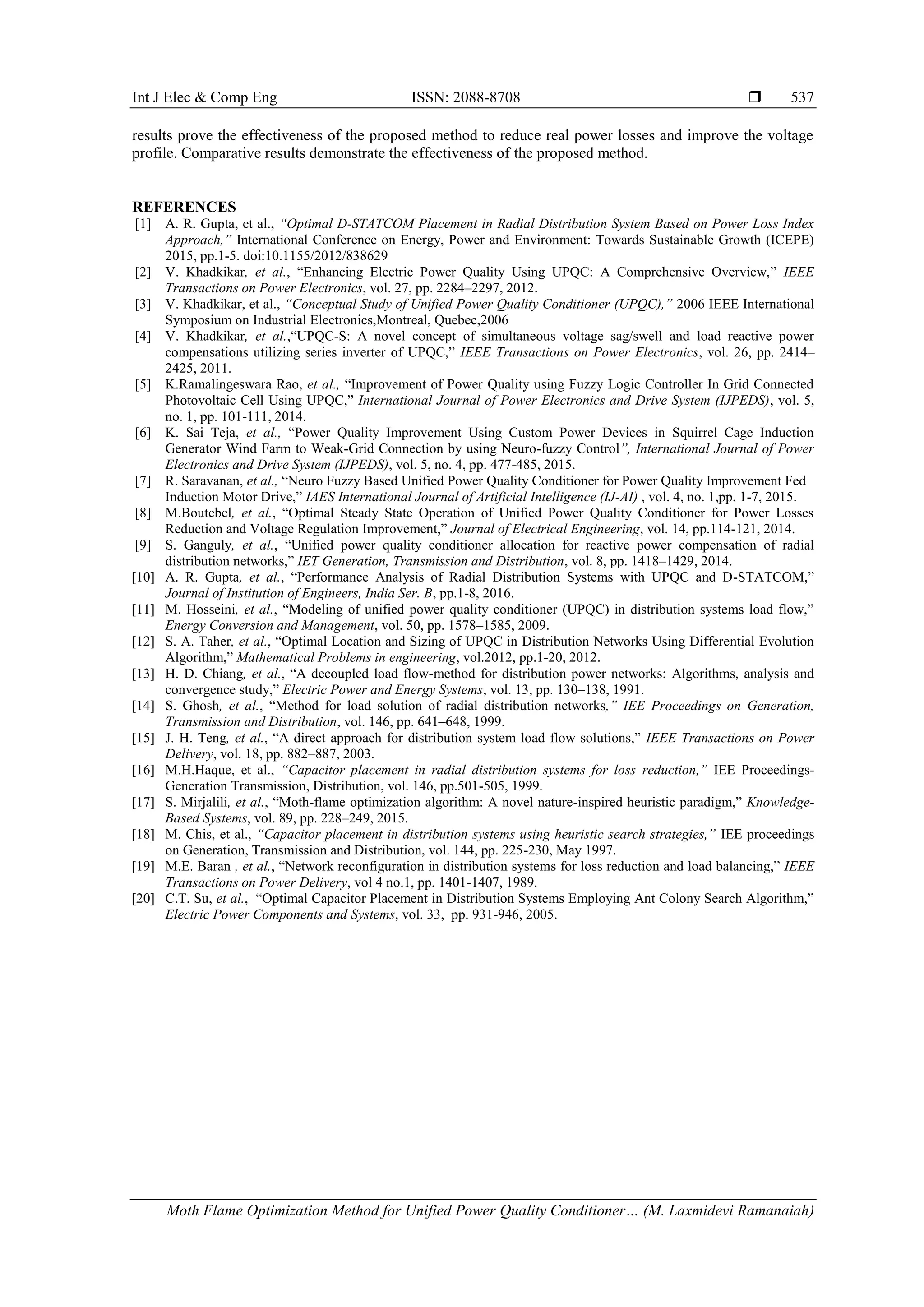 Moth Flame Optimization Method for Unified Power Quality Conditioner Allocation | PDF