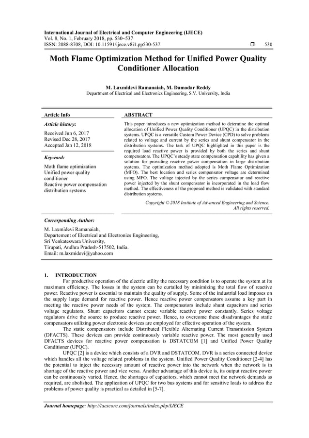Moth Flame Optimization Method for Unified Power Quality Conditioner Allocation | PDF