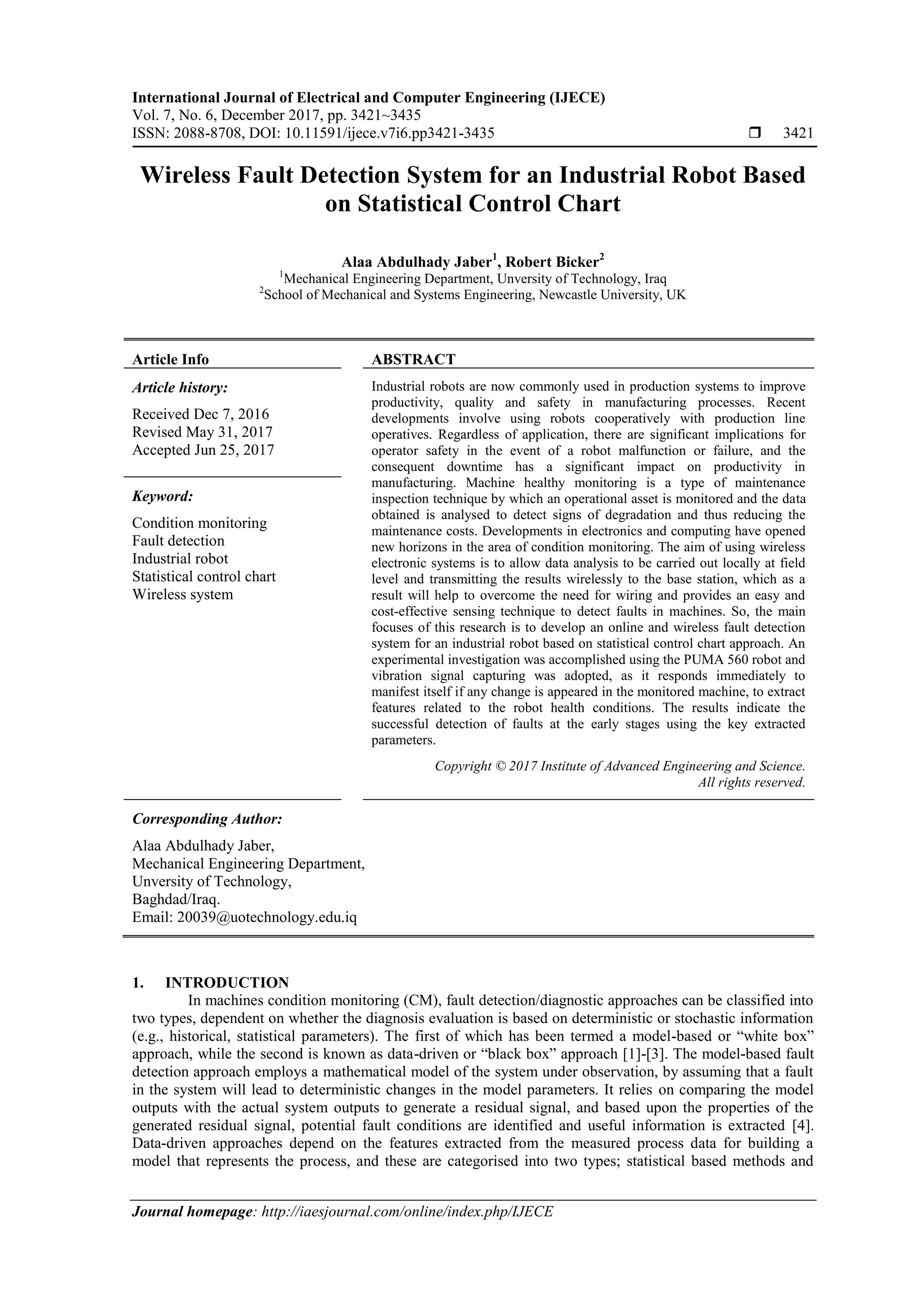 Wireless Fault Detection System For An Industrial Robot Based On Statistical Control Chart Pdf
