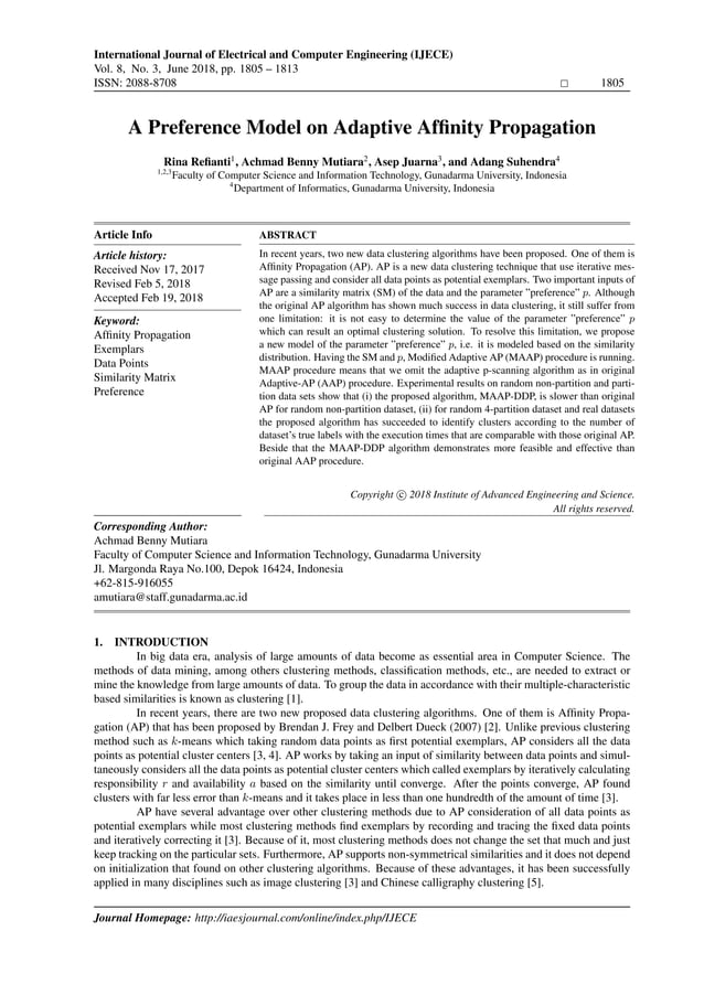 A Preference Model on Adaptive Afﬁnity Propagation | PDF