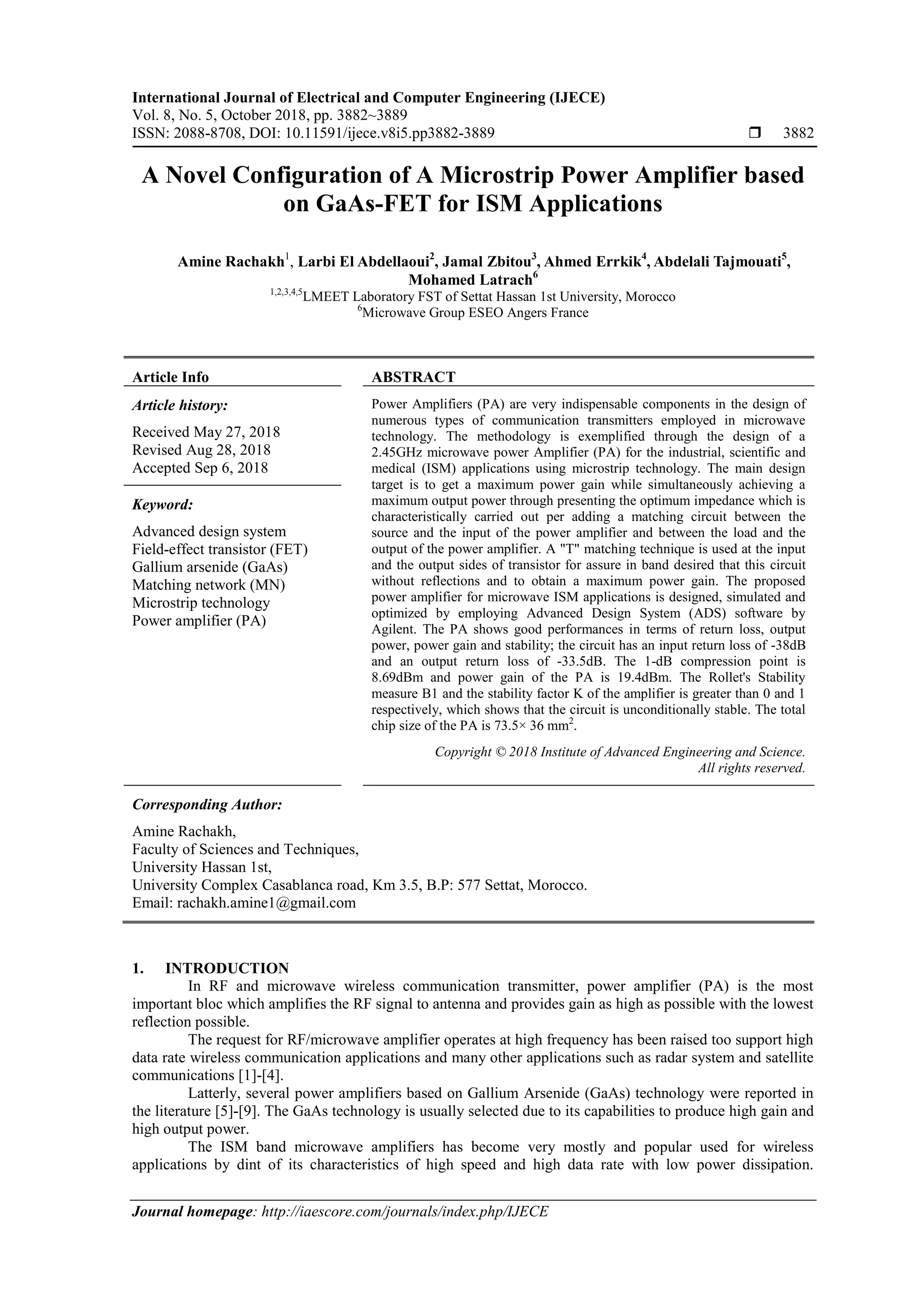 A Novel Configuration of A Microstrip Power Amplifier based on GaAs-FET ...