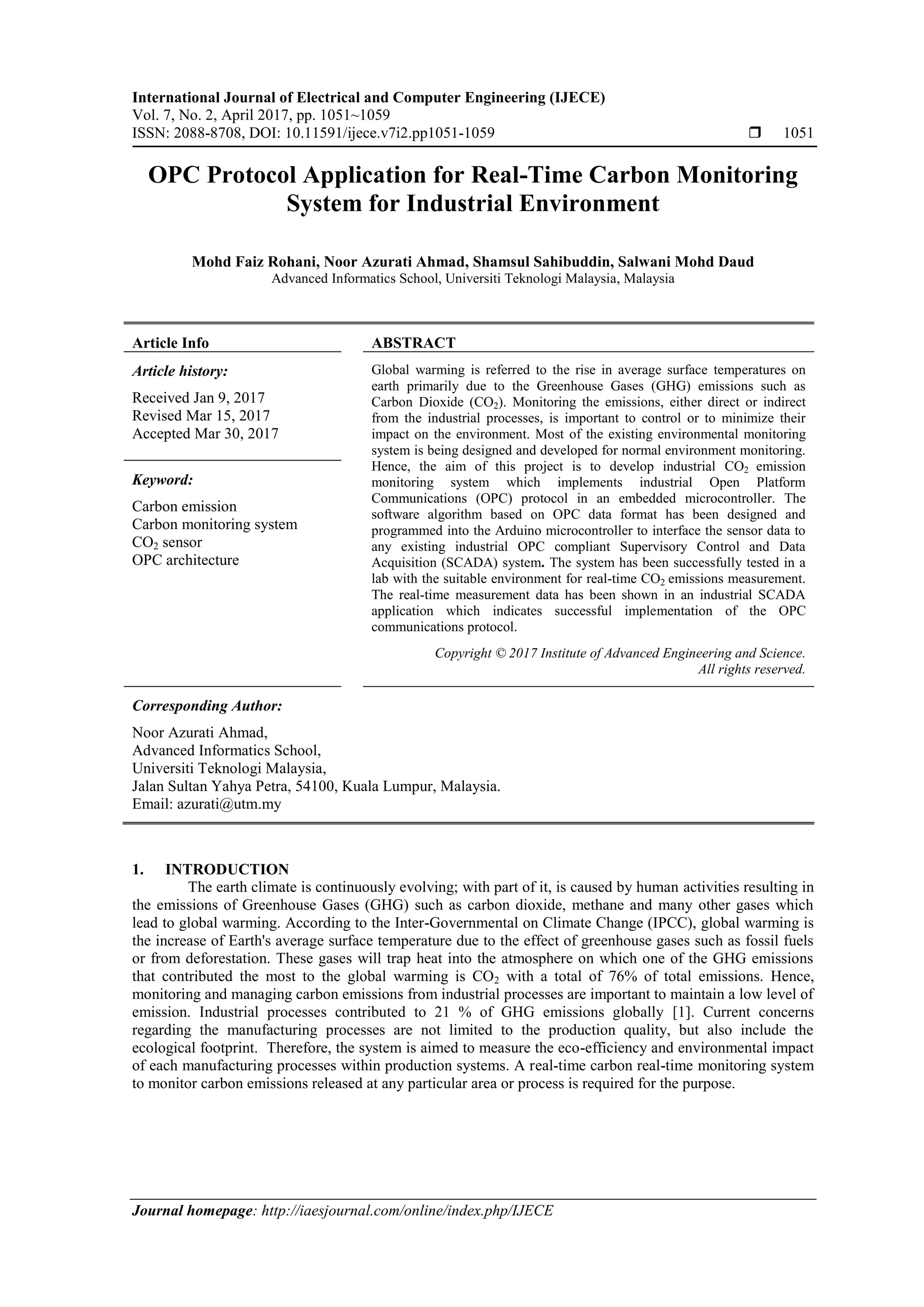 OPC Protocol Application for Real-Time Carbon Monitoring System for ...