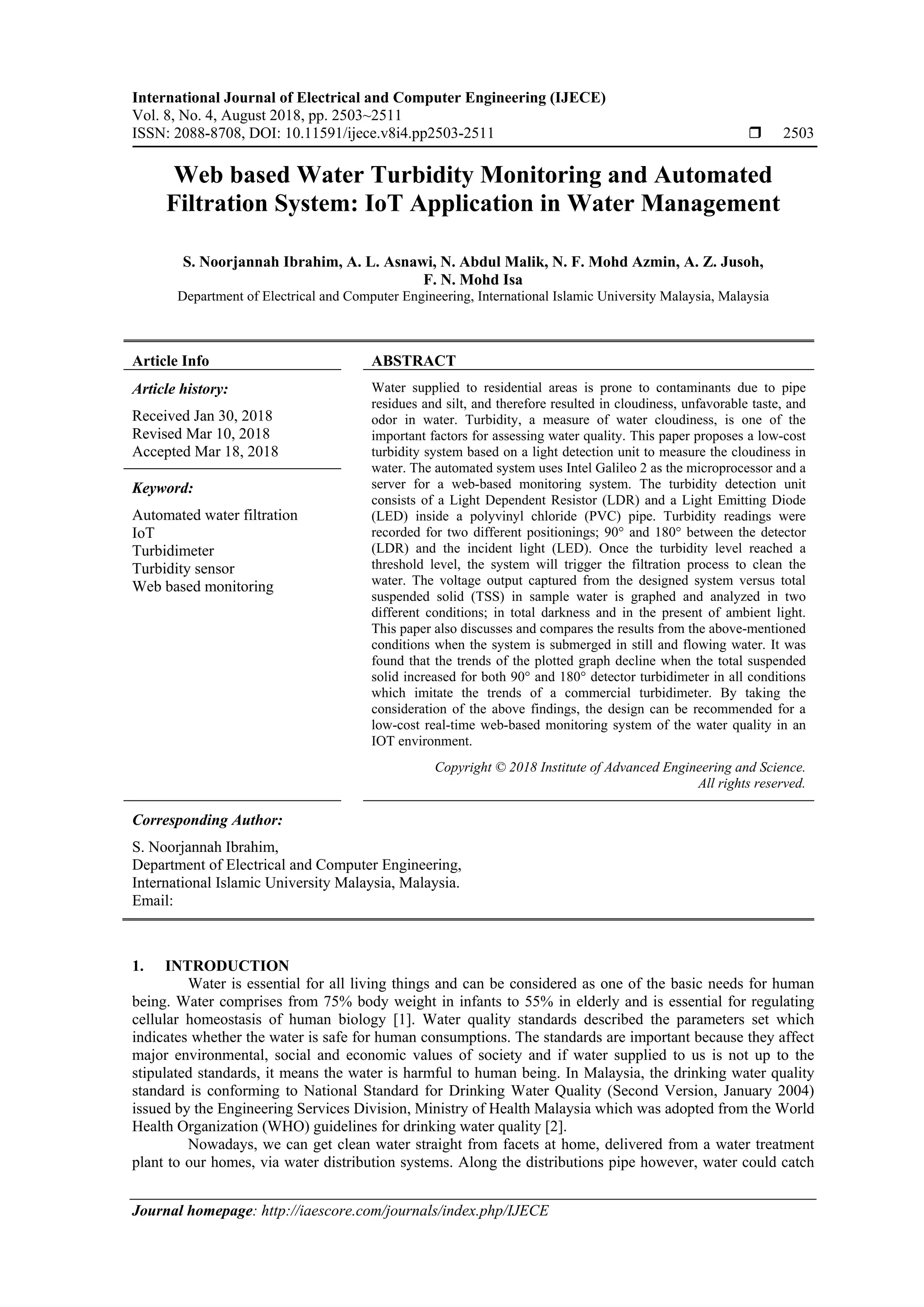 Web based Water Turbidity Monitoring and Automated Filtration System: IoT Application in Water ...