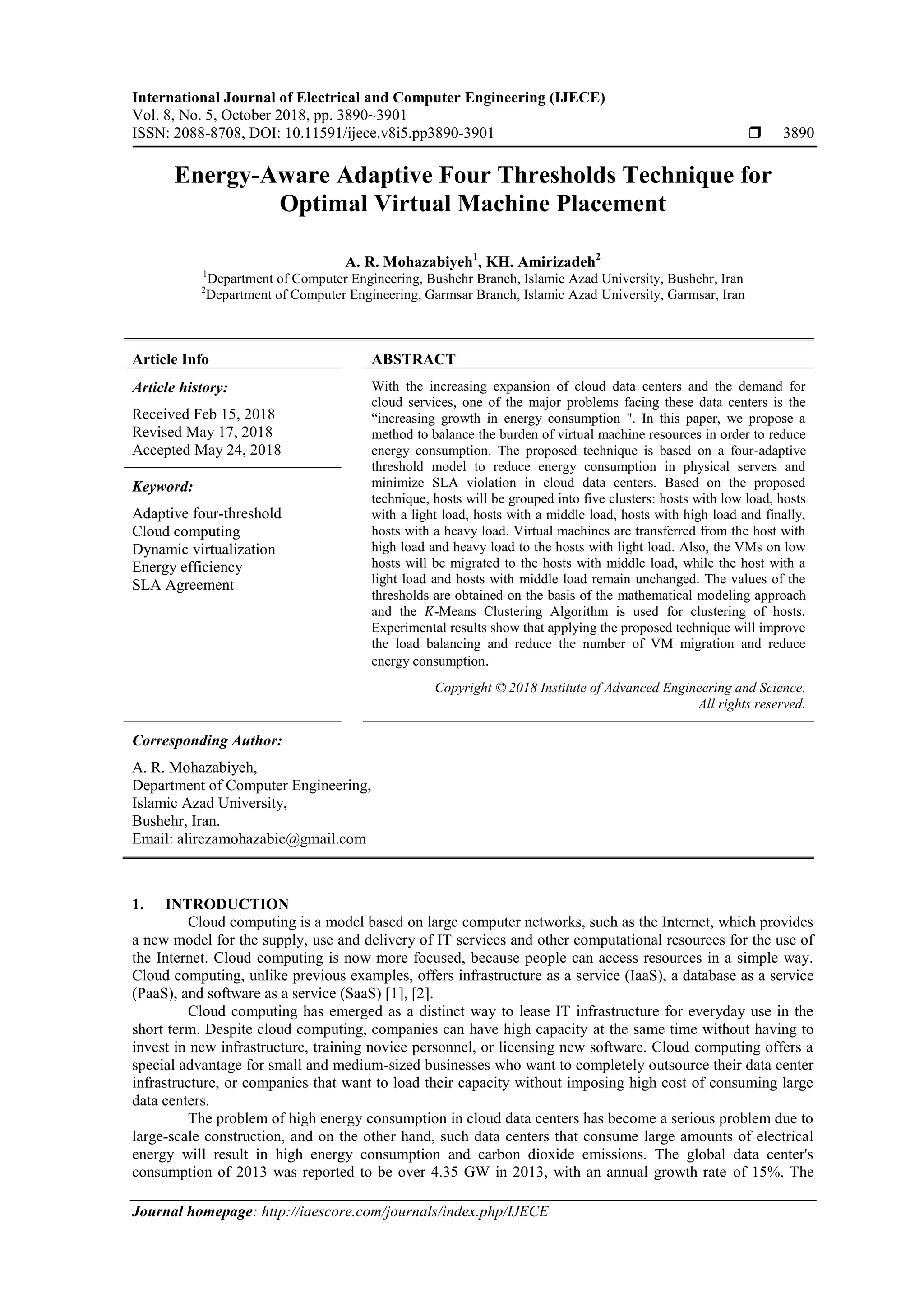Energy-Aware Adaptive Four Thresholds Technique for Optimal Virtual Machine Placement | PDF