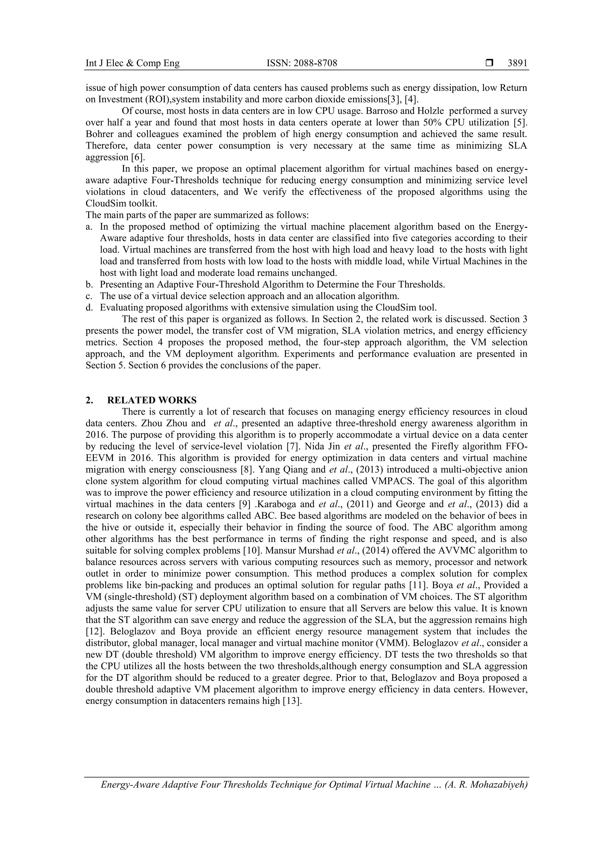 Energy-Aware Adaptive Four Thresholds Technique for Optimal Virtual Machine Placement | PDF
