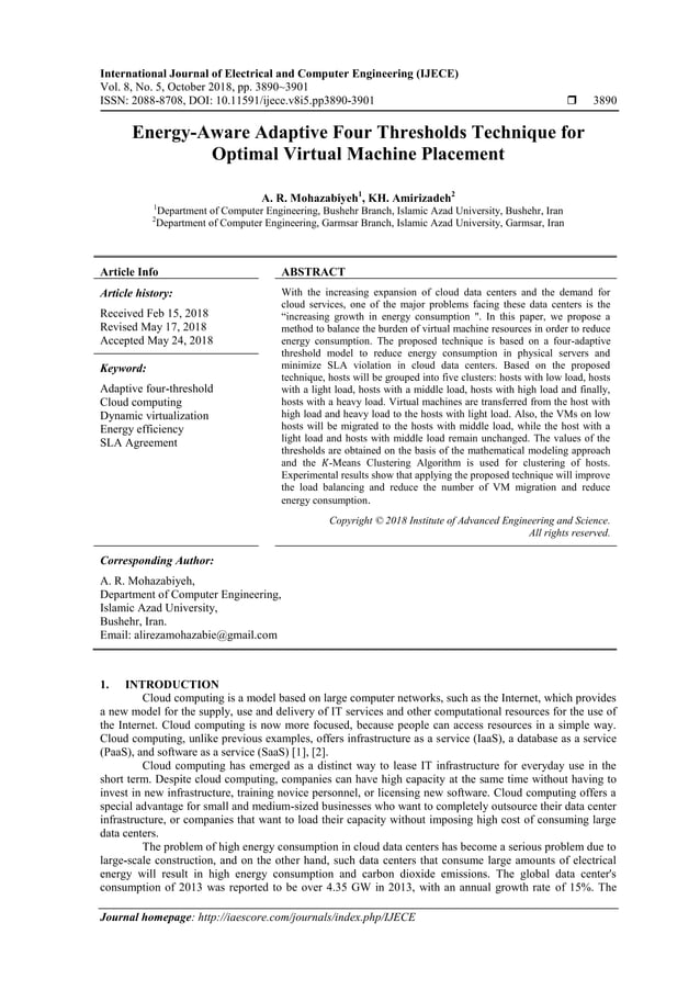 Energy-Aware Adaptive Four Thresholds Technique for Optimal Virtual Machine Placement | PDF