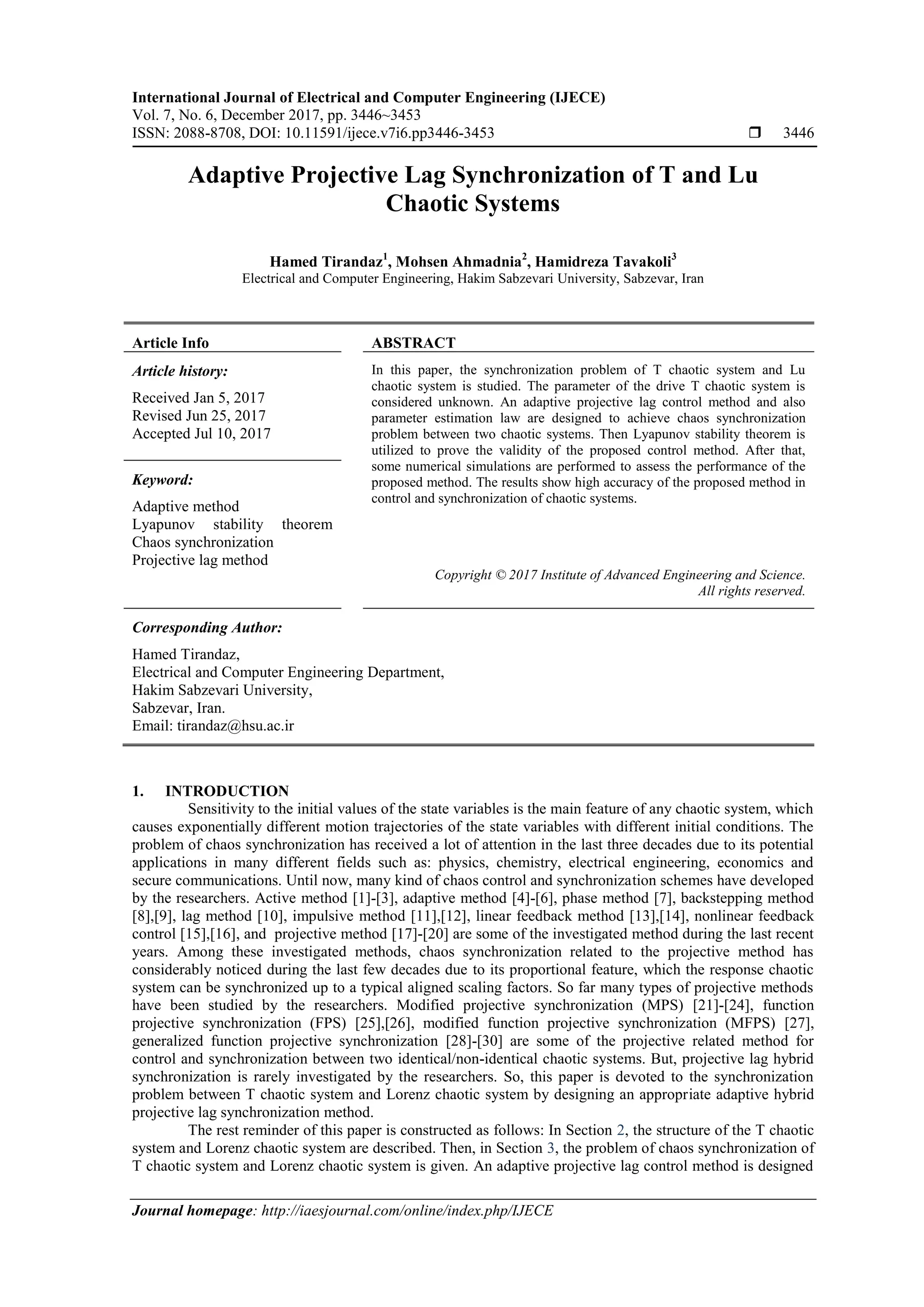 Adaptive Projective Lag Synchronization of T and Lu Chaotic Systems | PDF