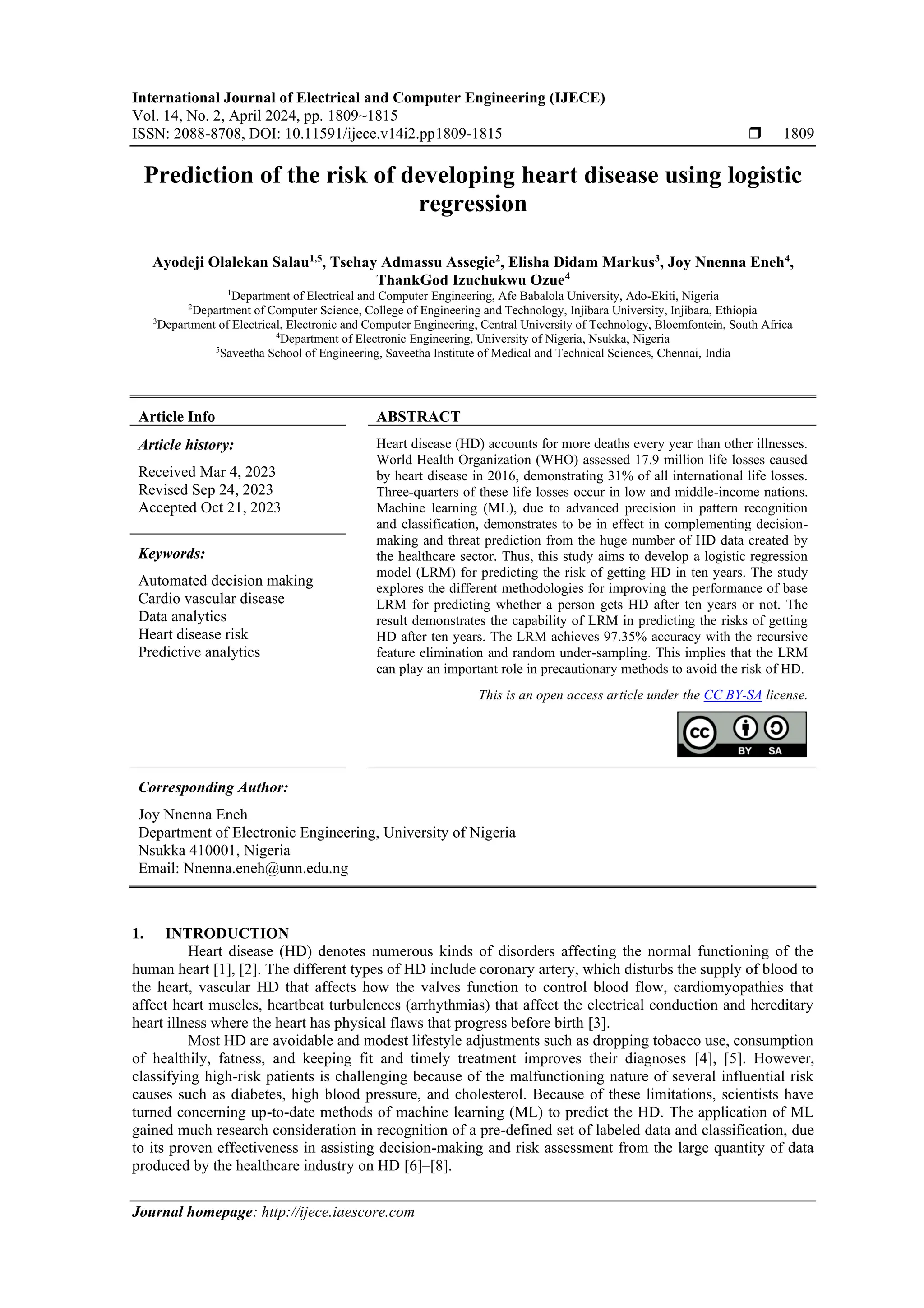 Prediction Of The Risk Of Developing Heart Disease Using Logistic