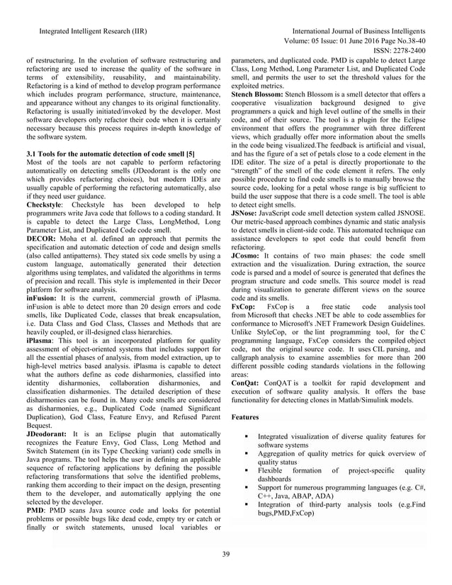 A Study on Code Smell Detection with Refactoring Tools in Object Oriented Languages | PDF