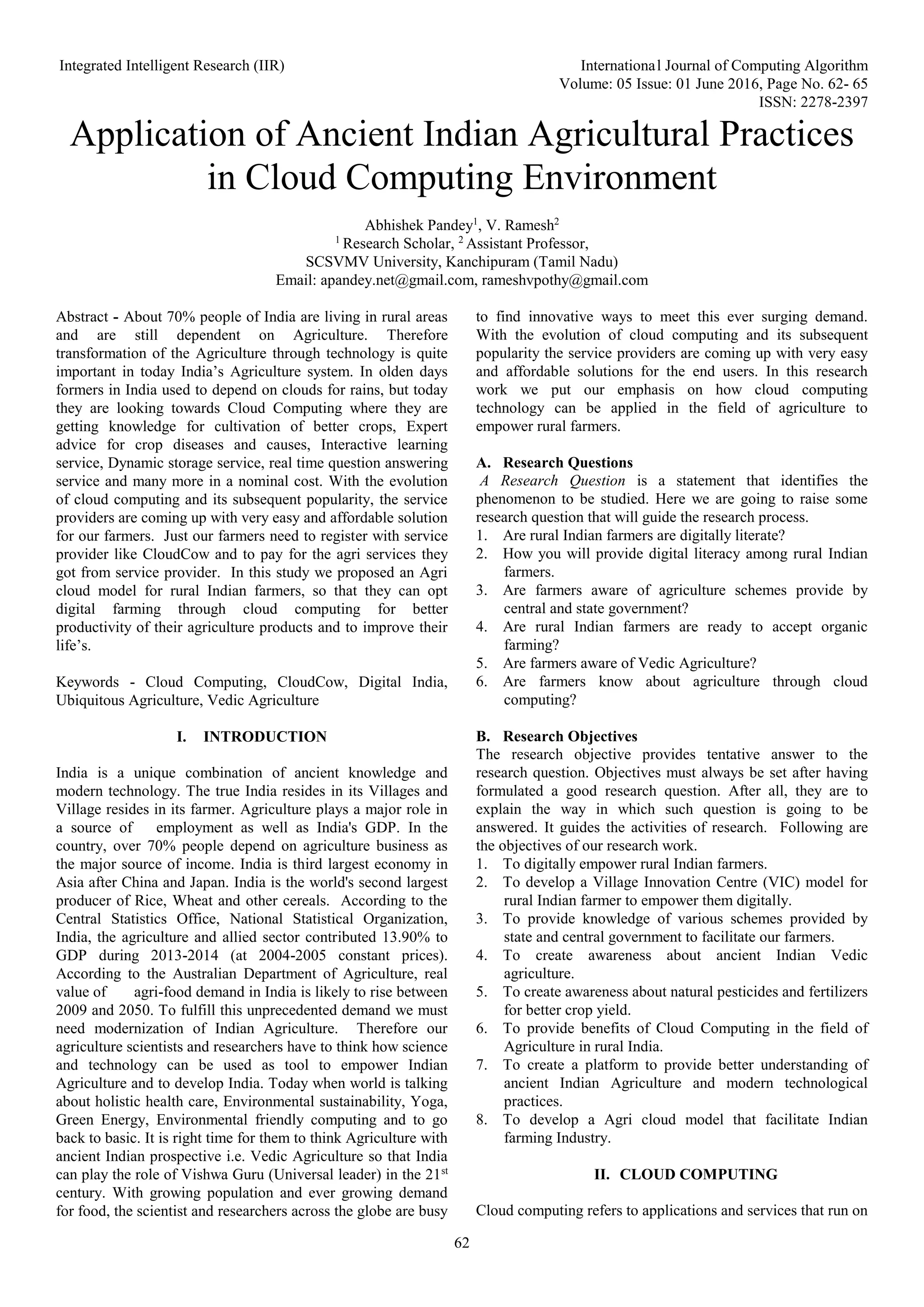 Application of Ancient Indian Agricultural Practices in Cloud Computing Environment | DOC