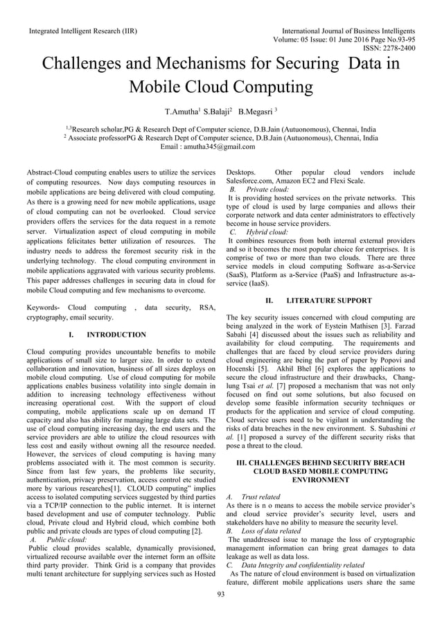 Challenges and Mechanisms for Securing Data in Mobile Cloud Computing | PDF