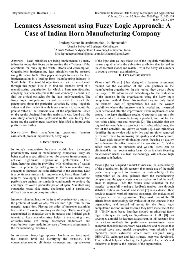 Leanness Assessment using Fuzzy Logic Approach: A Case of Indian Horn Manufacturing Company | PDF