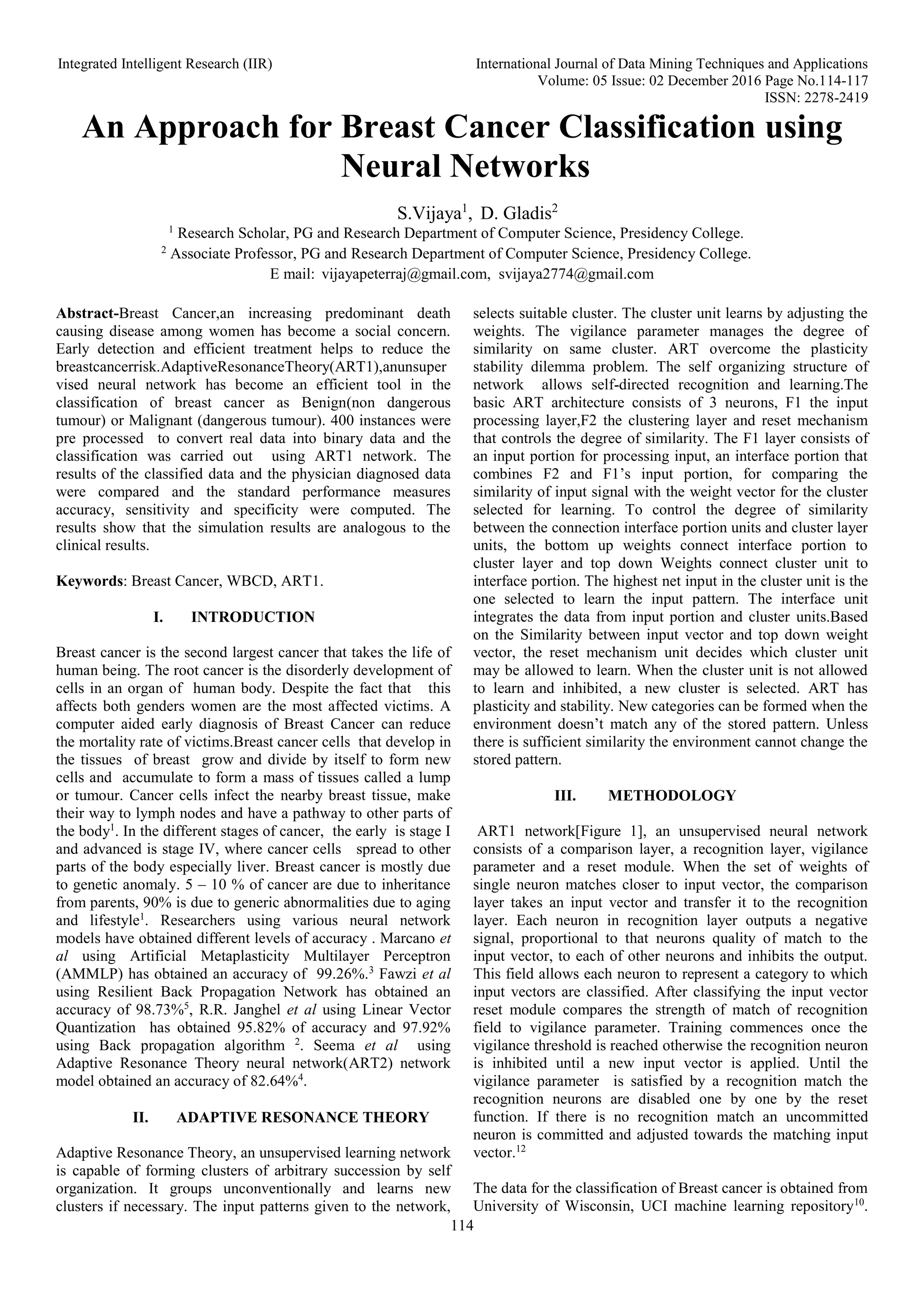 An Approach for Breast Cancer Classification using Neural Networks | DOCX