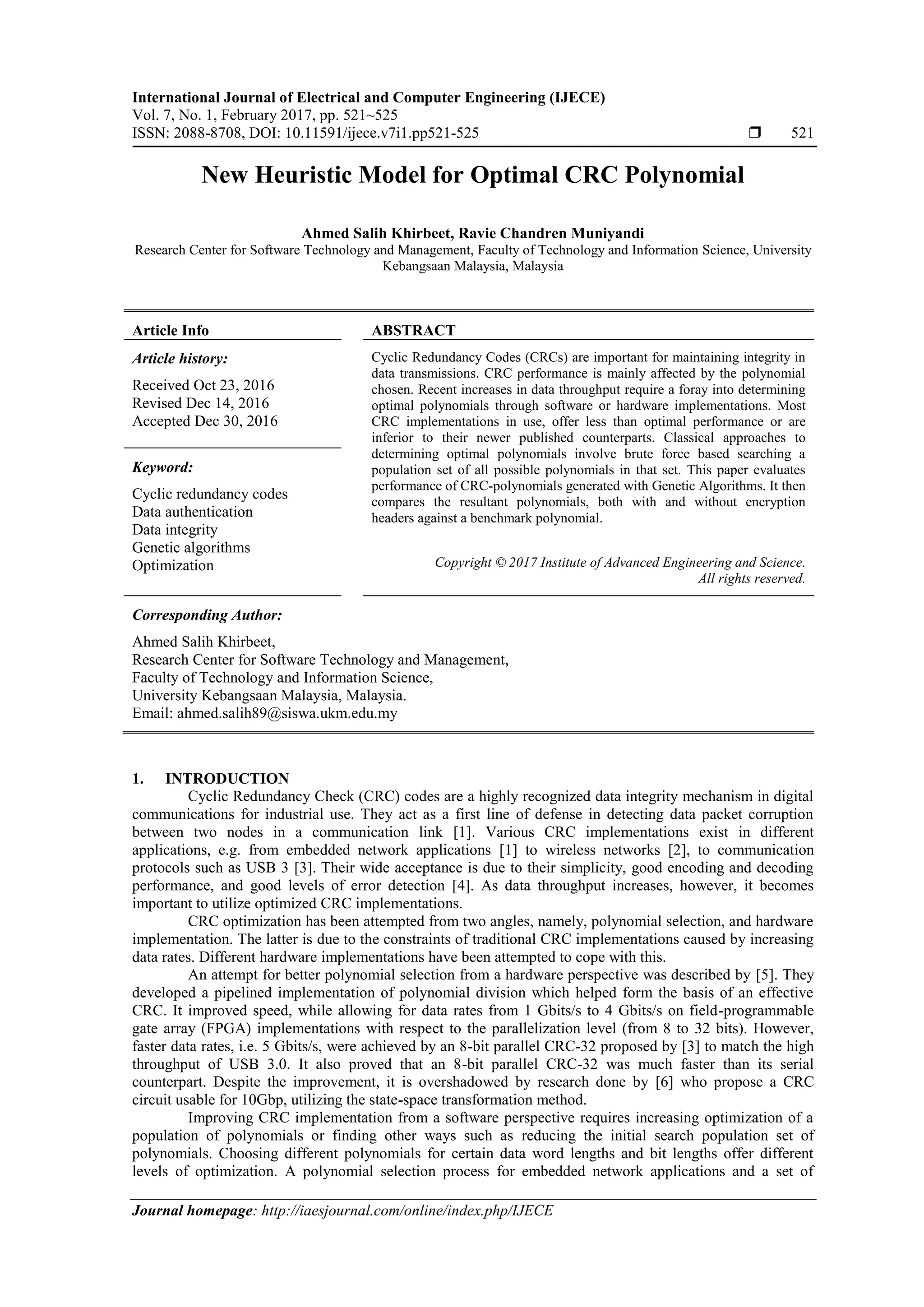 New Heuristic Model for Optimal CRC Polynomial | PDF