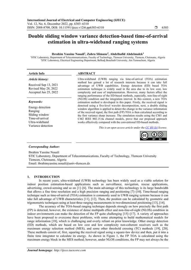 Double sliding window variance detection-based time-of-arrival estimation in ultra-wideband ...