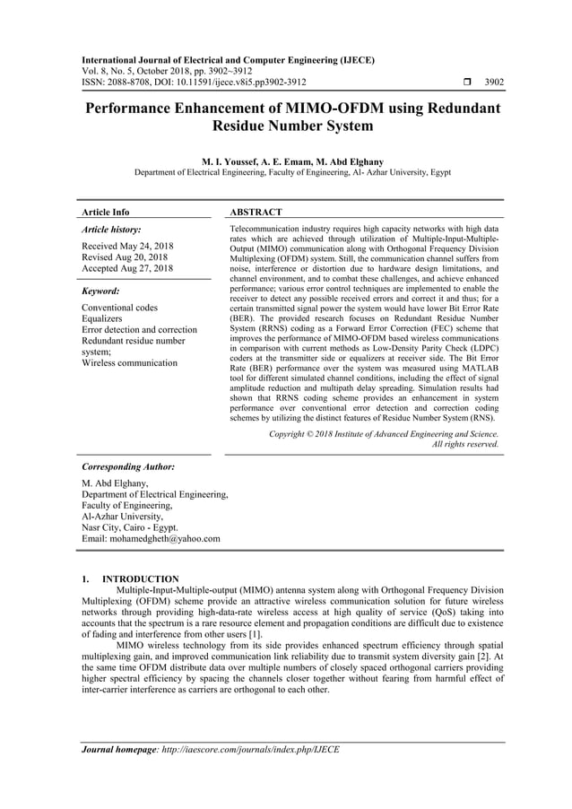Performance Enhancement Of Mimo Ofdm Using Redundant Residue Number System Pdf