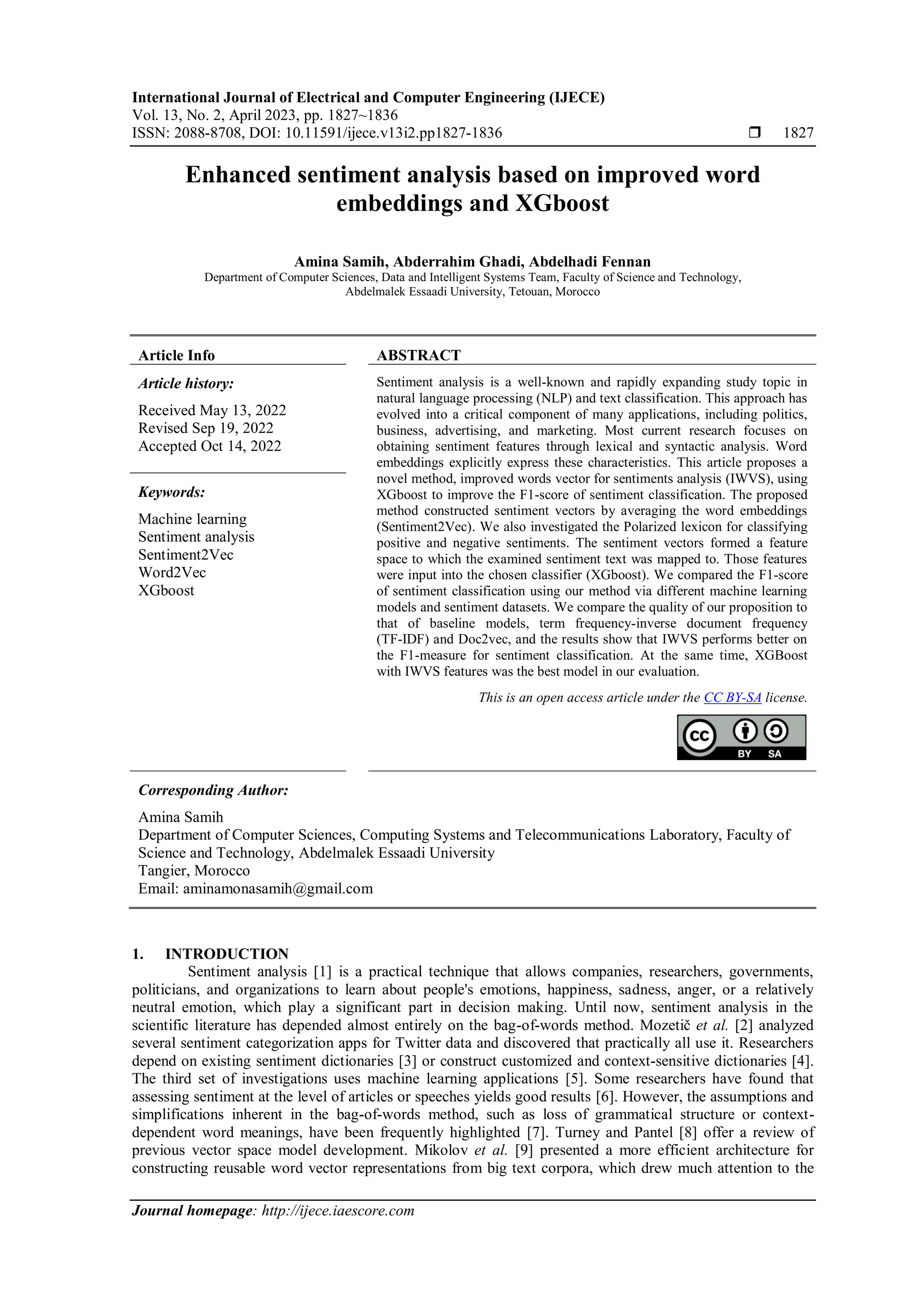 Enhanced Sentiment Analysis Based On Improved Word Embeddings And