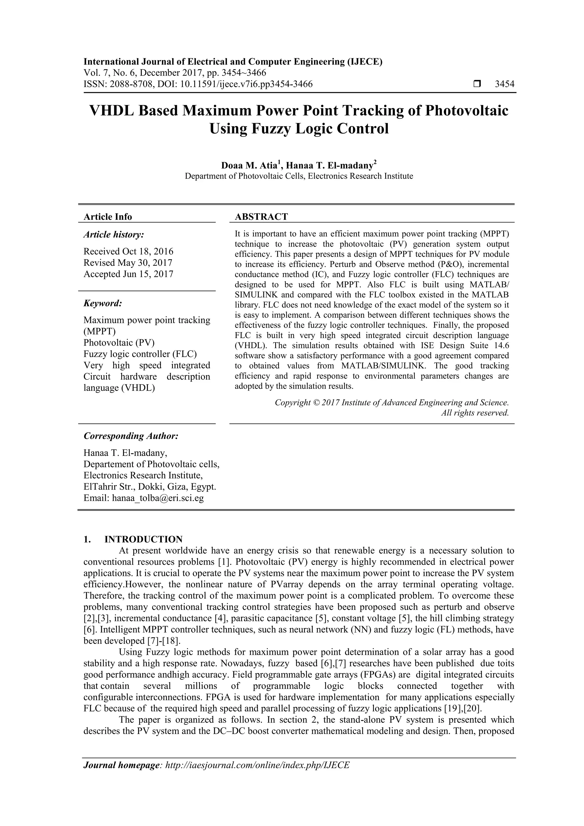 Vhdl Based Maximum Power Point Tracking Of Photovoltaic Using Fuzzy Logic Control Pdf