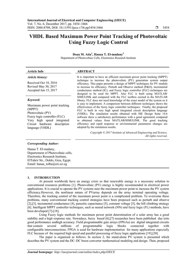 Vhdl Based Maximum Power Point Tracking Of Photovoltaic Using Fuzzy