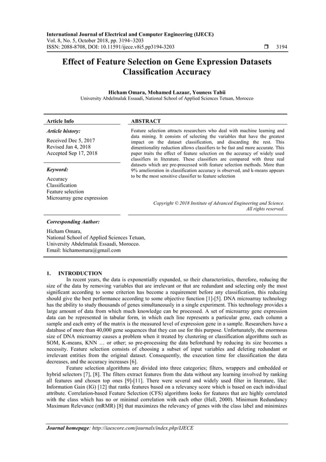 Effect Of Feature Selection On Gene Expression Datasets Classification Accuracy Pdf
