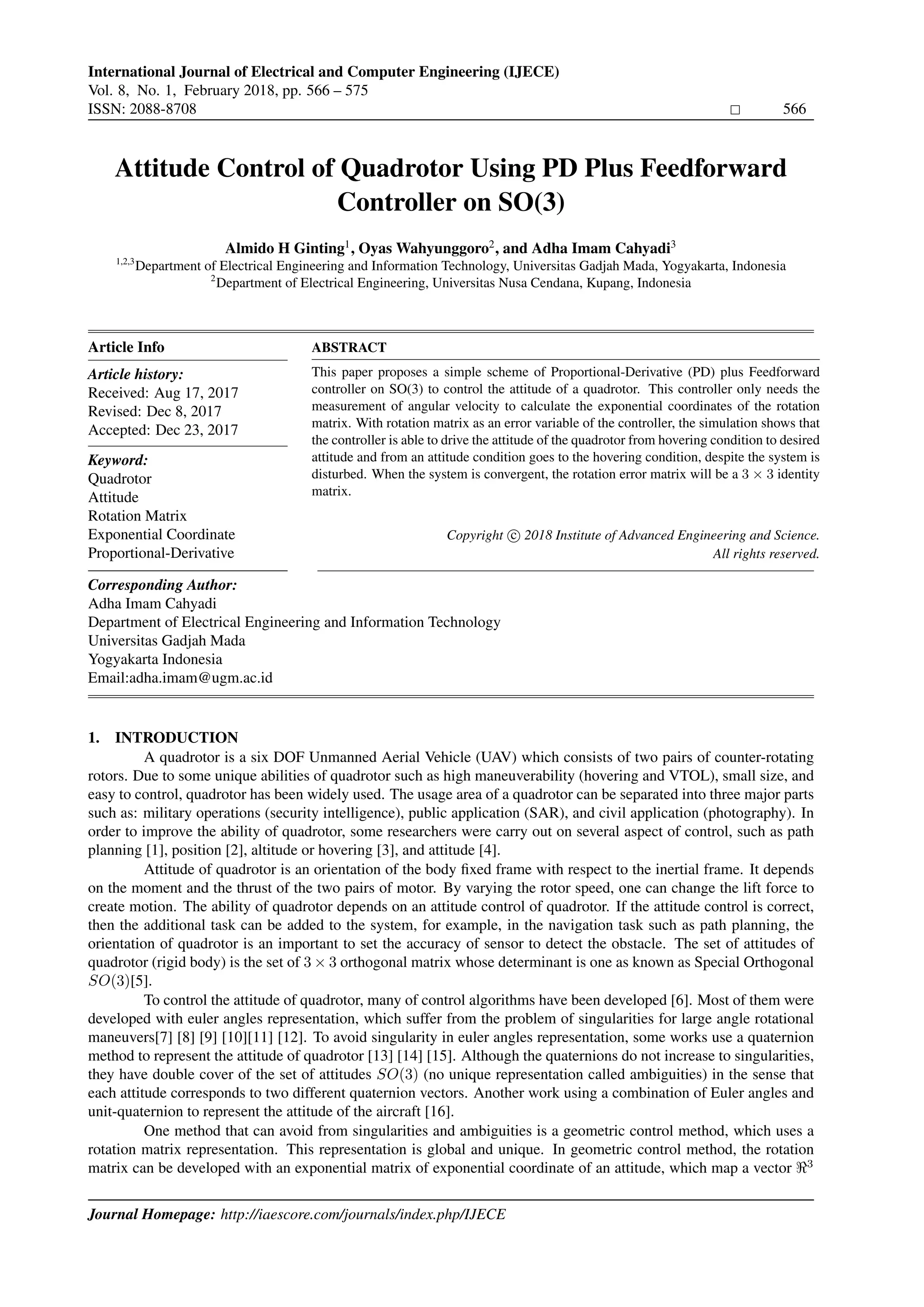 Attitude Control of Quadrotor Using PD Plus Feedforward Controller on ...