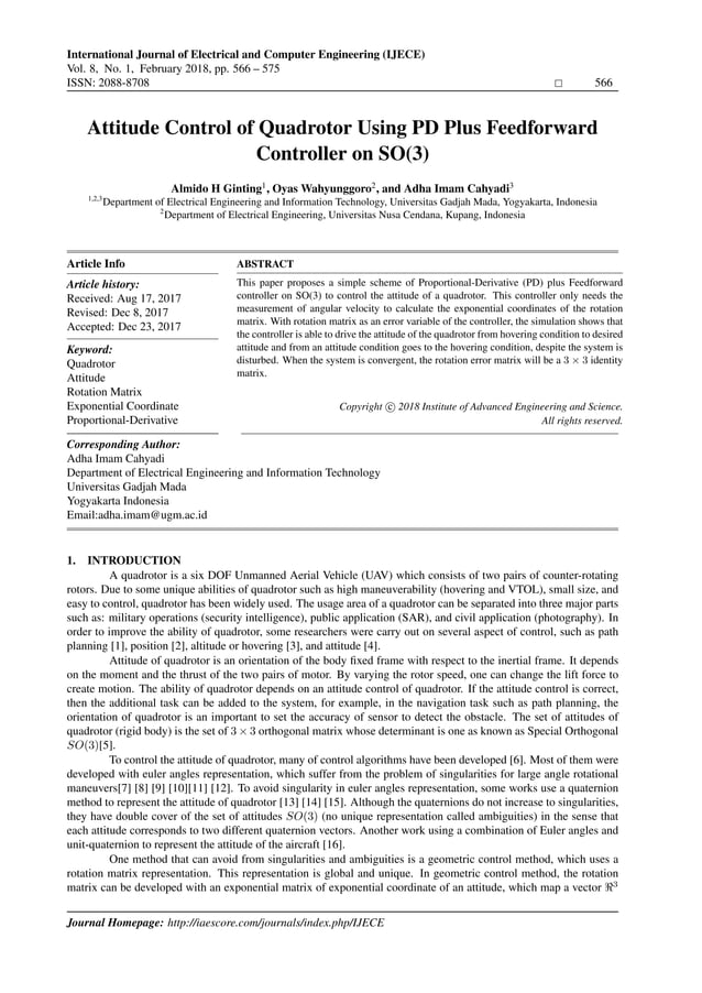 Attitude Control of Quadrotor Using PD Plus Feedforward Controller on SO(3) | PDF