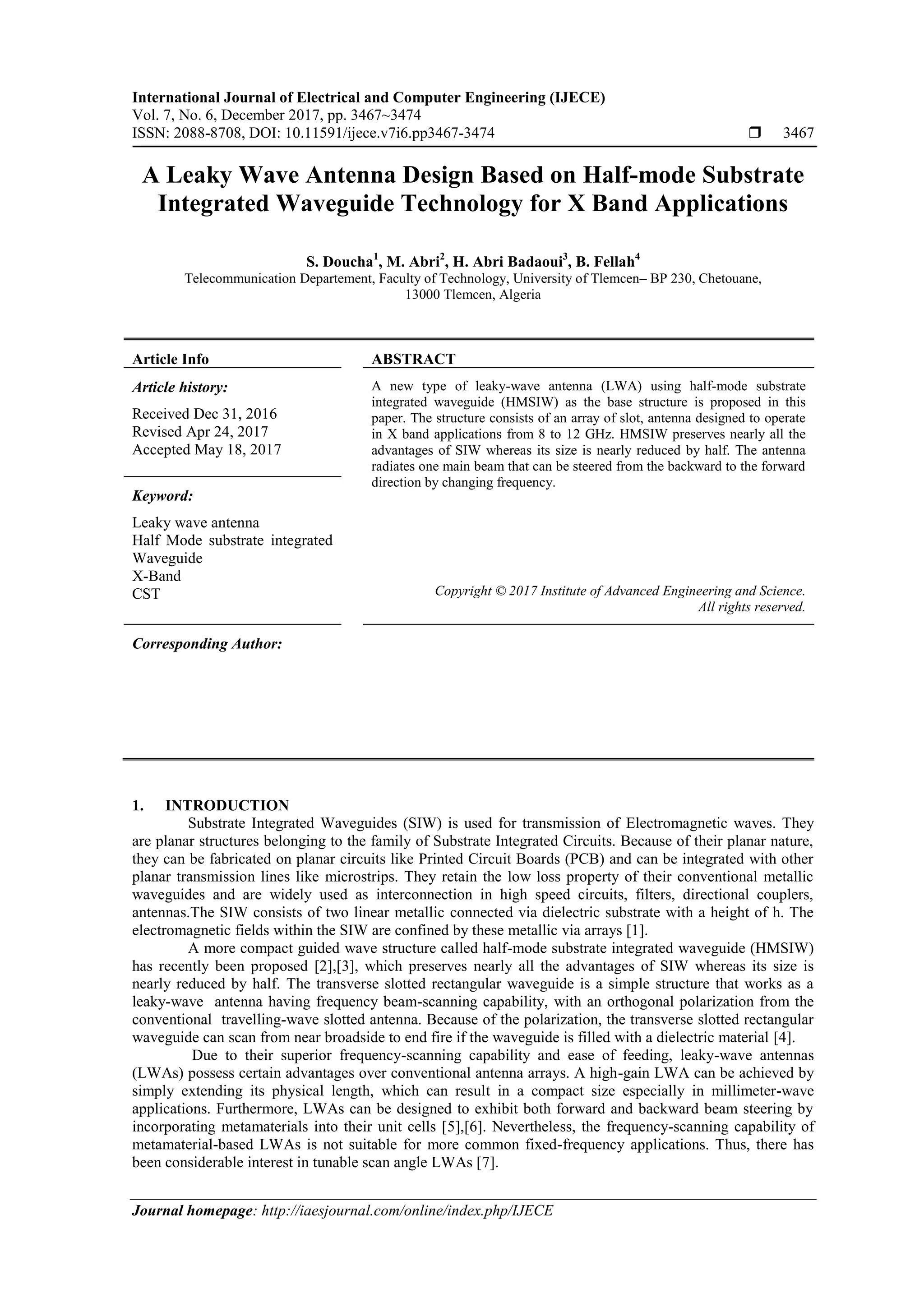 A Leaky Wave Antenna Design Based on Half-mode Substrate Integrated Waveguide Technology for X ...