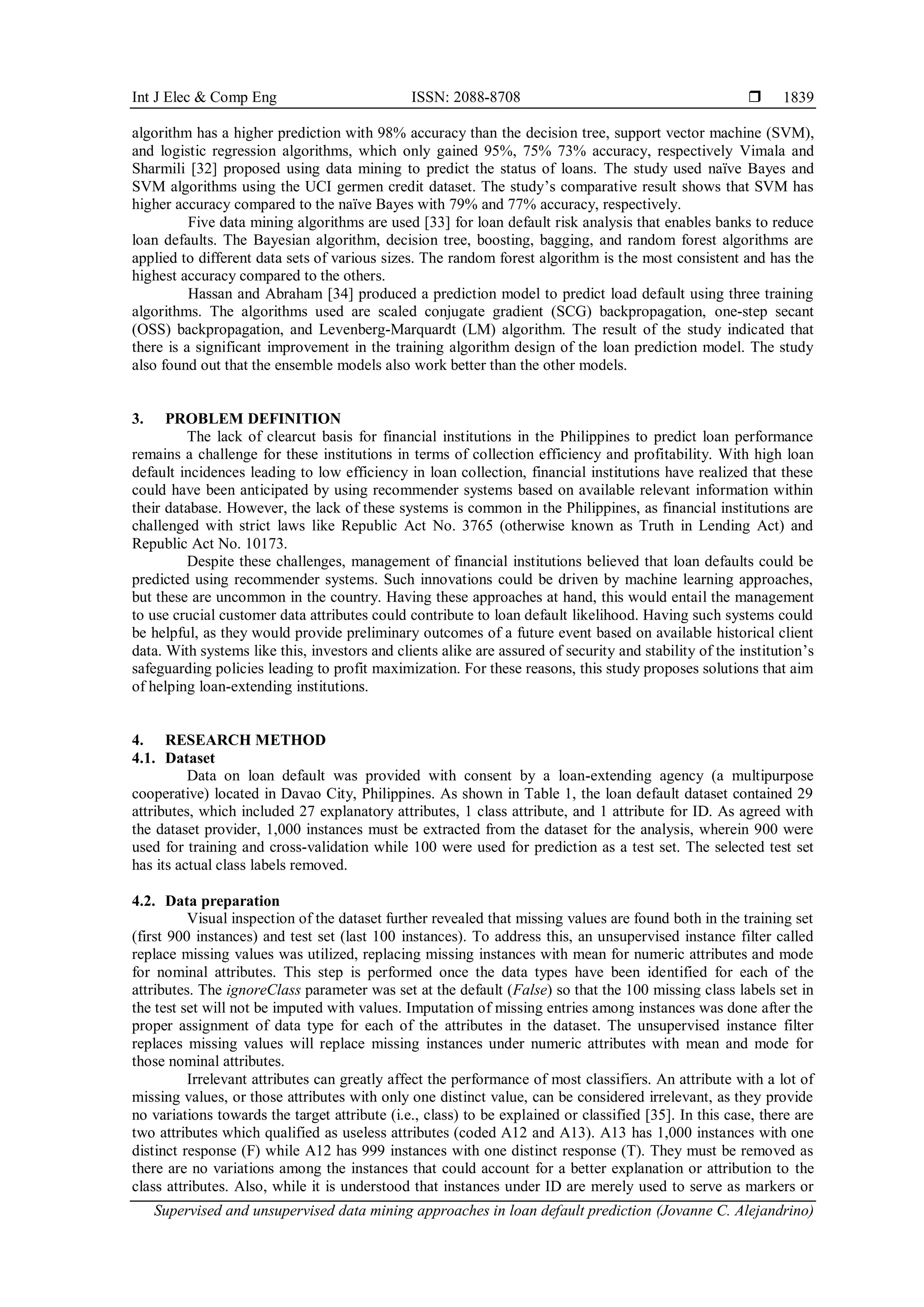 Supervised and unsupervised data mining approaches in loan default ...