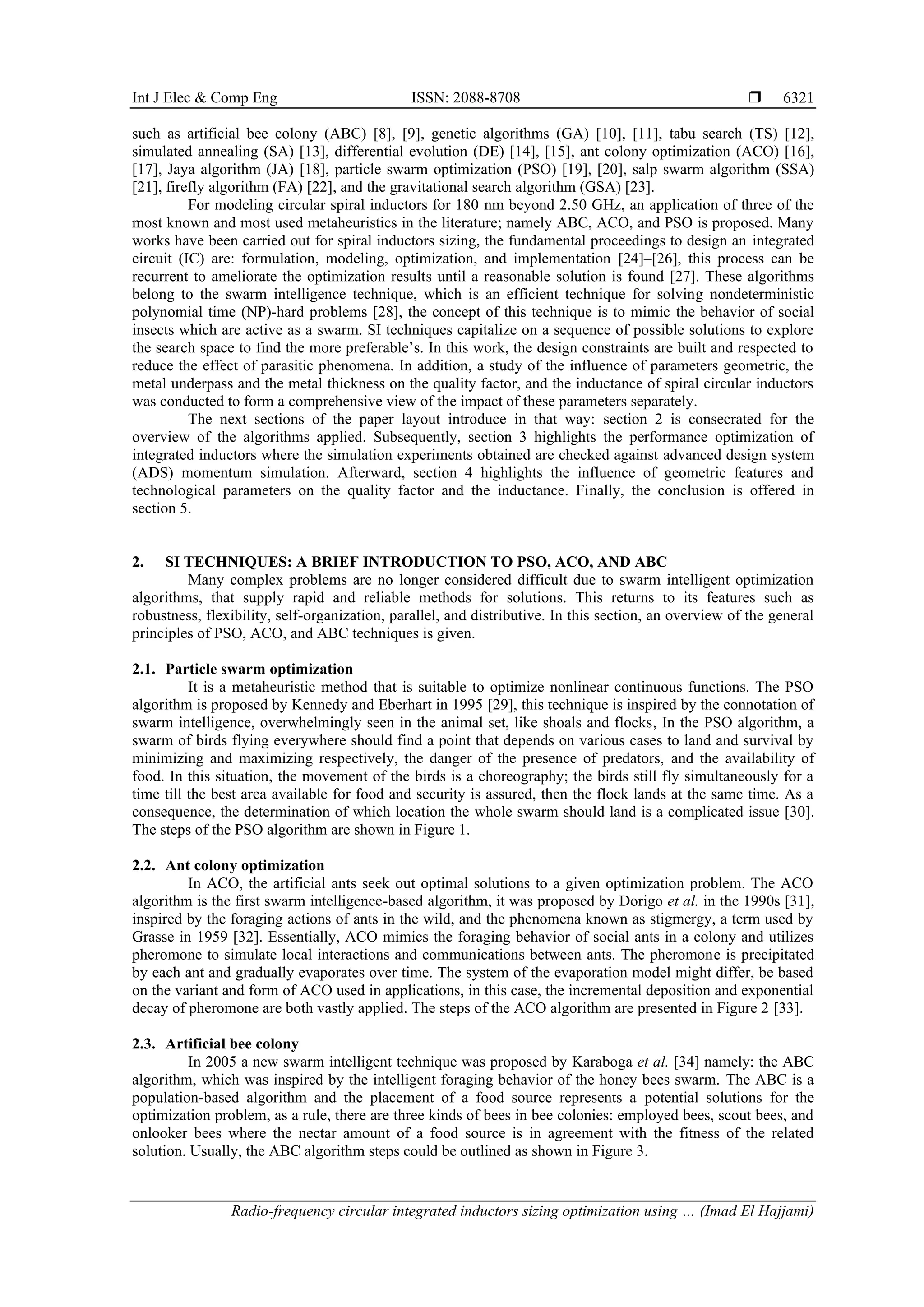 Radio Frequency Circular Integrated Inductors Sizing Optimization Using Bio Inspired Techniques