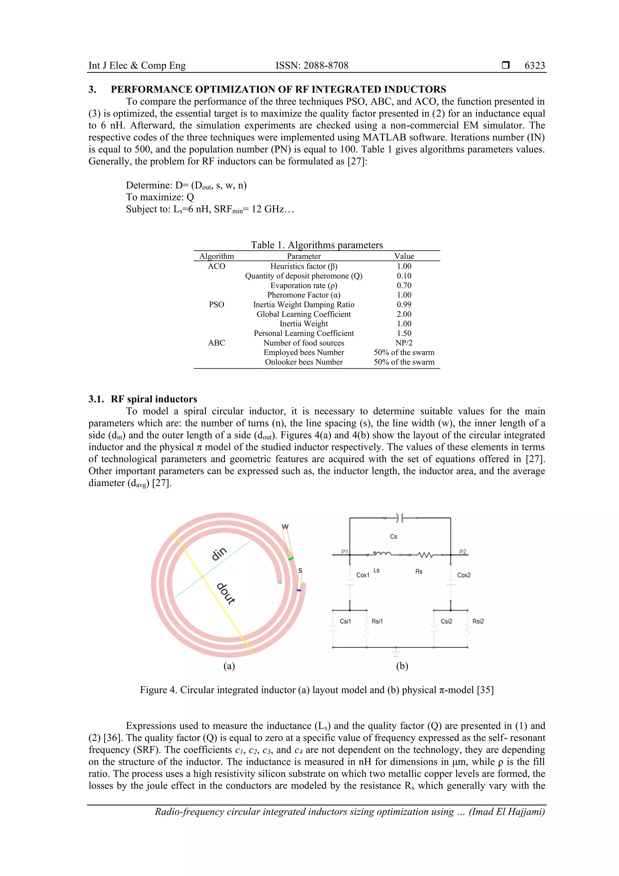 Radio Frequency Circular Integrated Inductors Sizing Optimization Using Bio Inspired Techniques