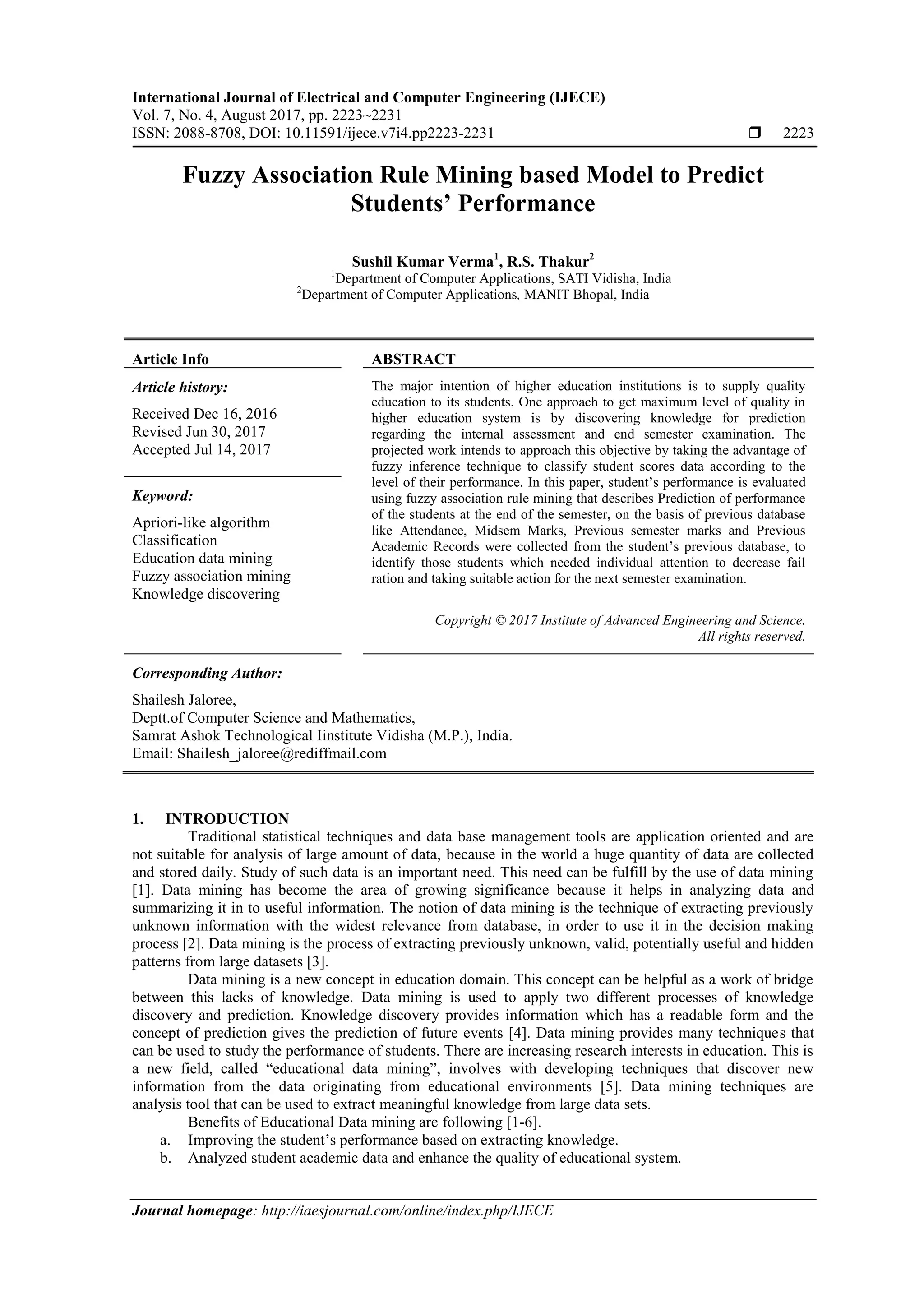 Fuzzy Association Rule Mining based Model to Predict Students’ Performance | PDF
