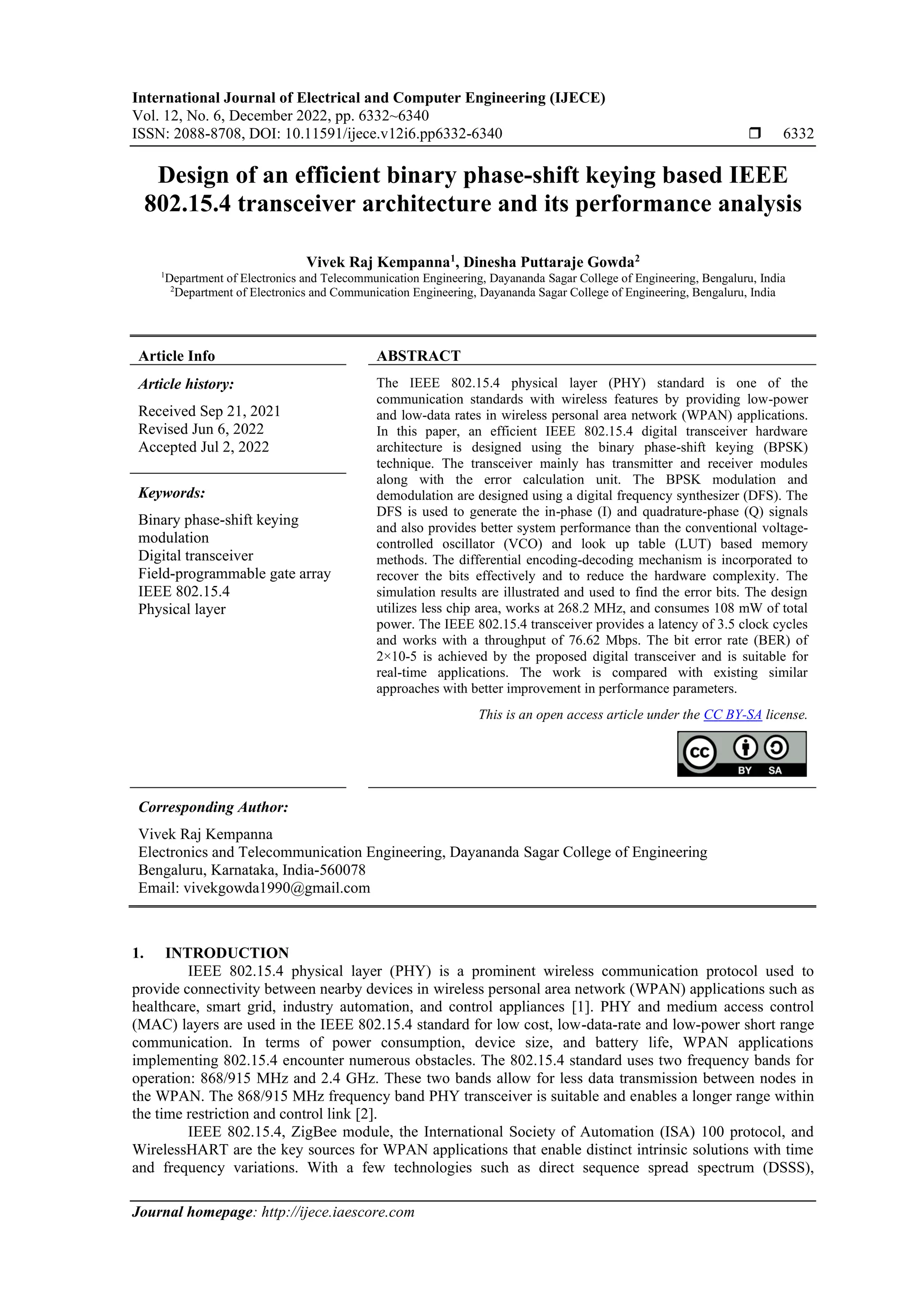 Design of an efficient binary phase-shift keying based IEEE 802.15.4 transceiver architecture ...