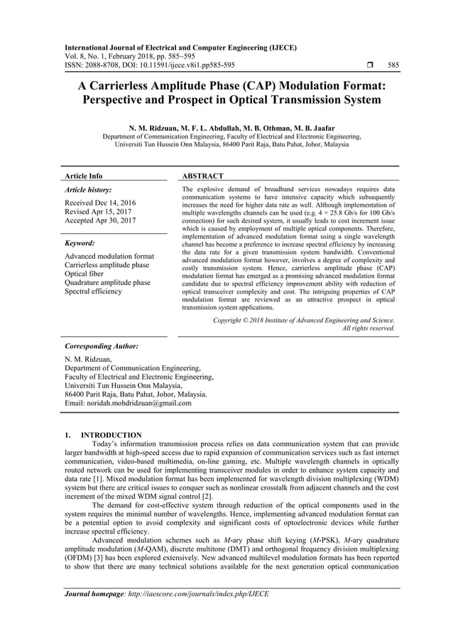 A Carrierless Amplitude Phase (CAP) Modulation Format: Perspective and ...