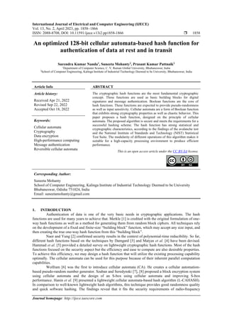 An optimized 128-bit cellular automata-based hash function for authentication of data at rest ...