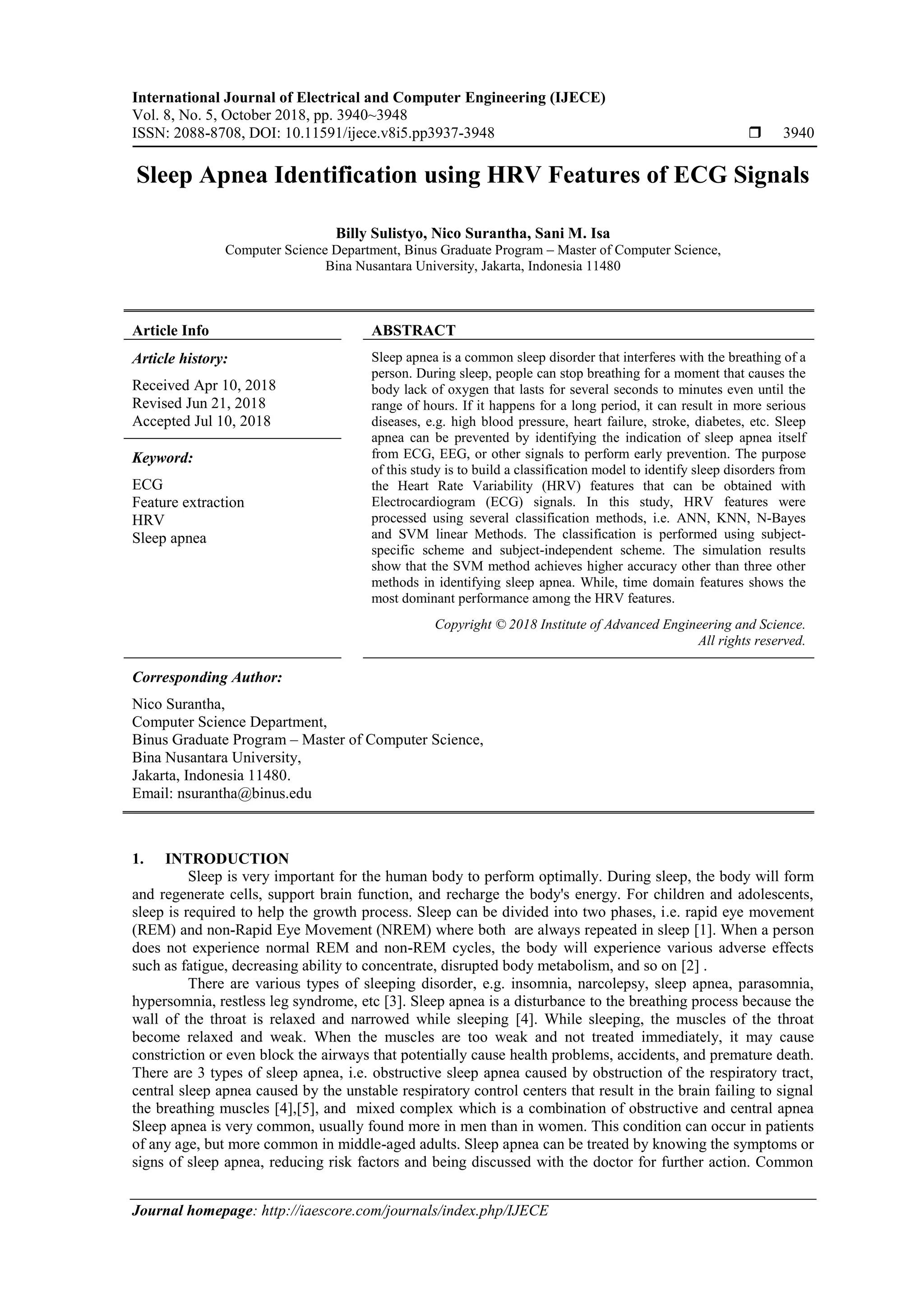 Sleep Apnea Identification using HRV Features of ECG Signals | PDF
