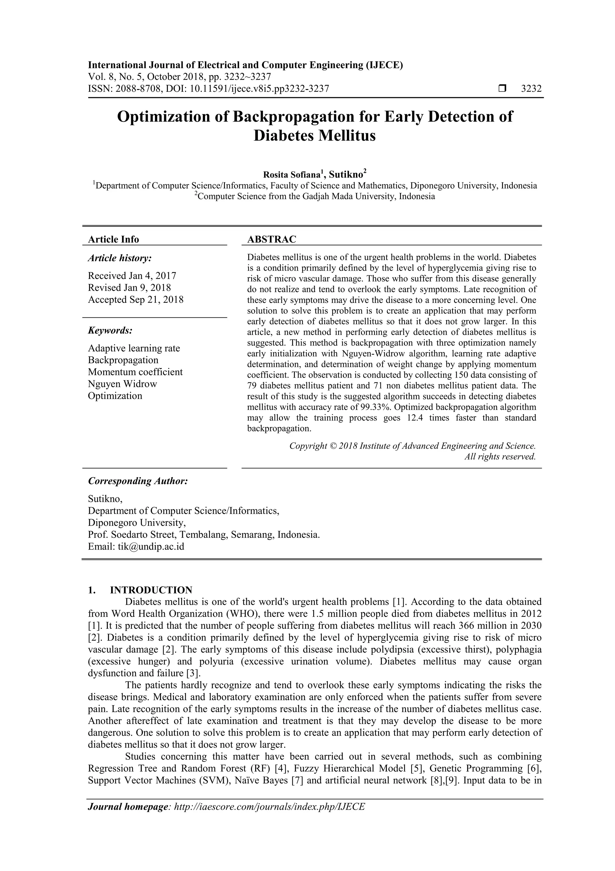 Optimization of Backpropagation for Early Detection of Diabetes ...