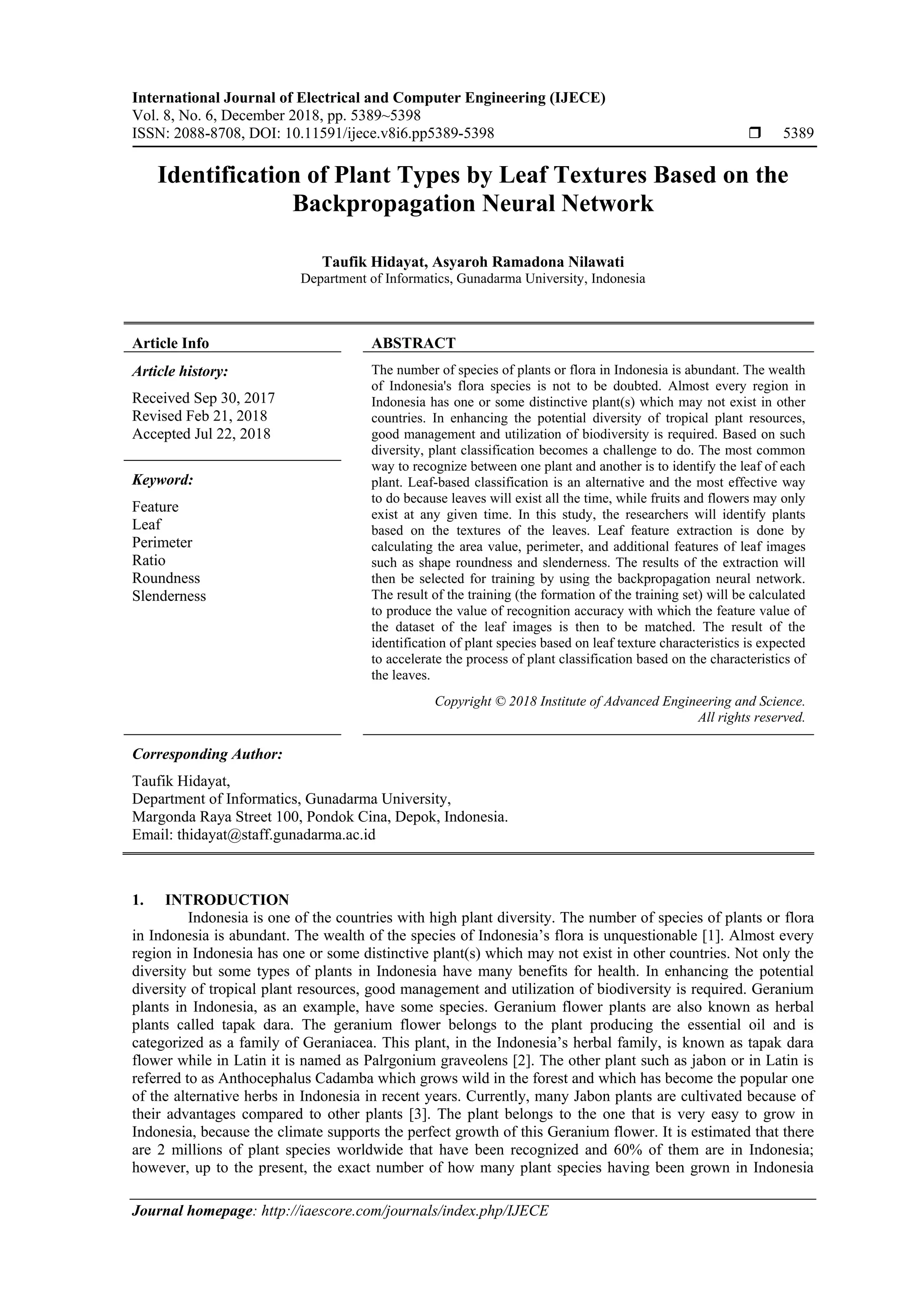 Identification Of Plant Types By Leaf Textures Based On The Backpropagation Neural Network Pdf