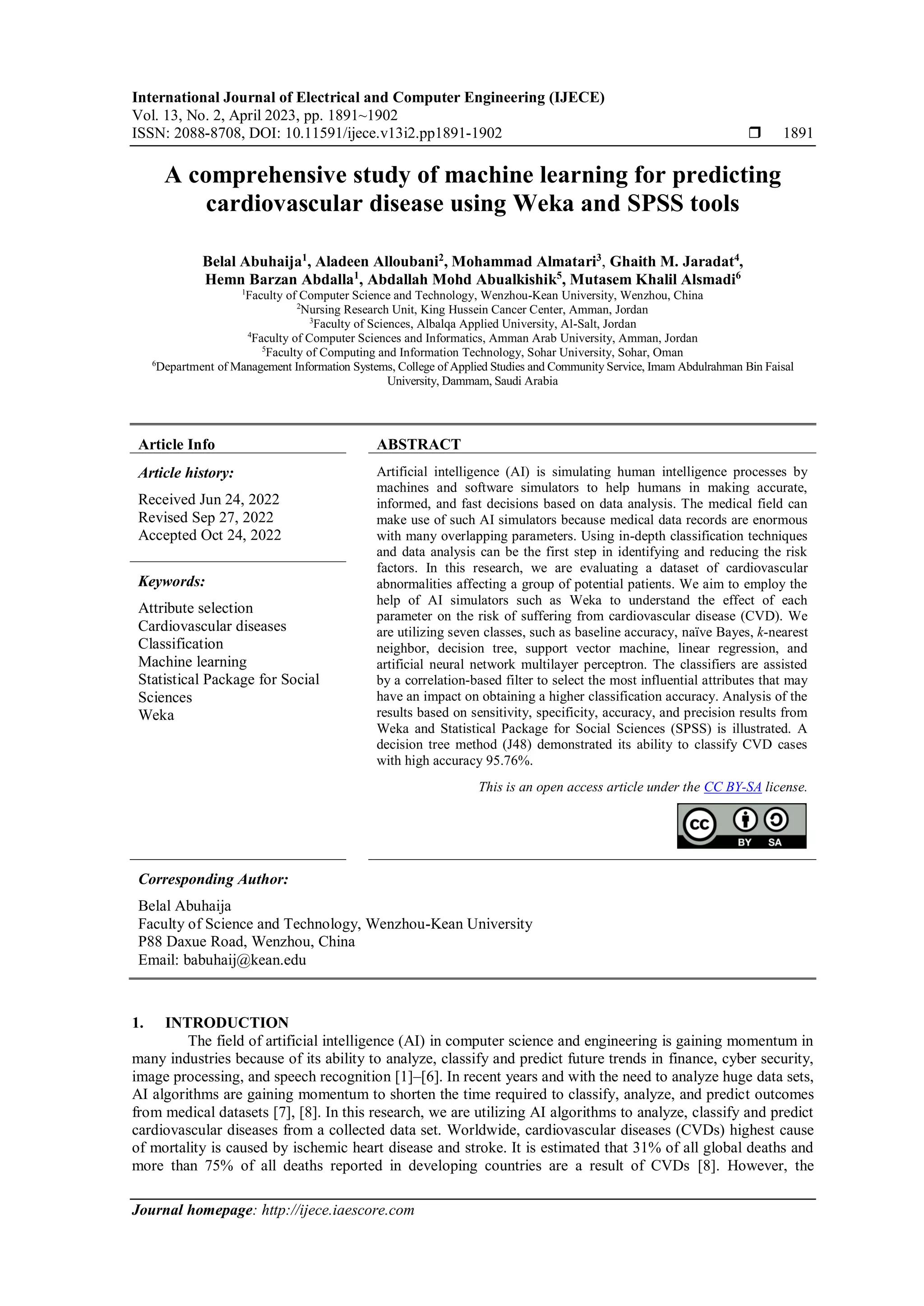 A comprehensive study of machine learning for predicting cardiovascular disease using Weka and ...