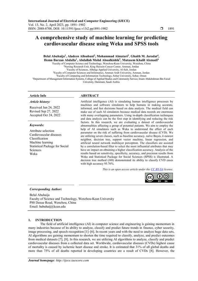 A comprehensive study of machine learning for predicting cardiovascular disease using Weka and ...